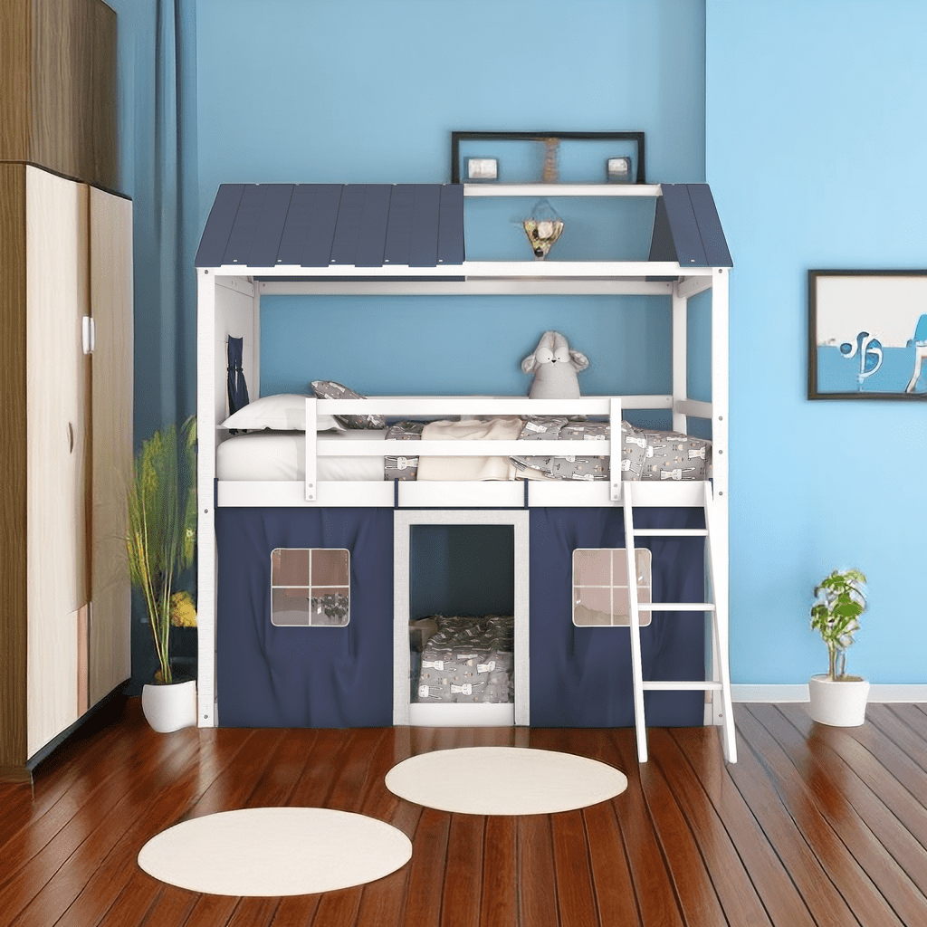 Full Over Full Bunk Bed, Wood Full Size House Bed with Elegant Windows ...