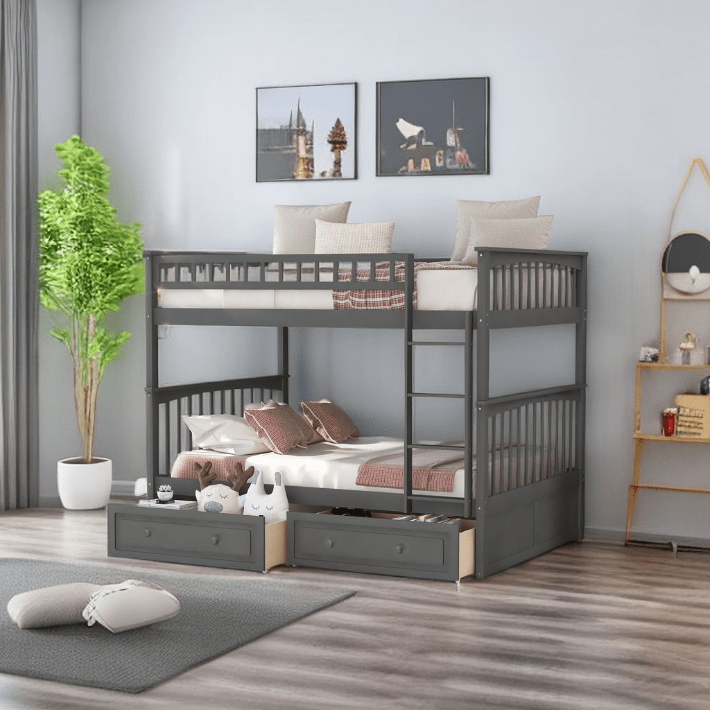 Full Over Full Bunk Bed with 2 Drawers and Ladder, Convertible Storage ...