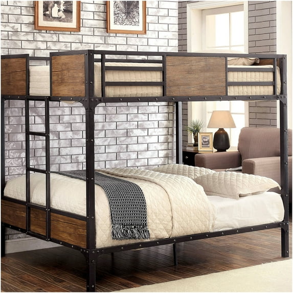 Full Over Full Bunk Bed with Metal Frame, Wood Panels & Built-in Ladder ...