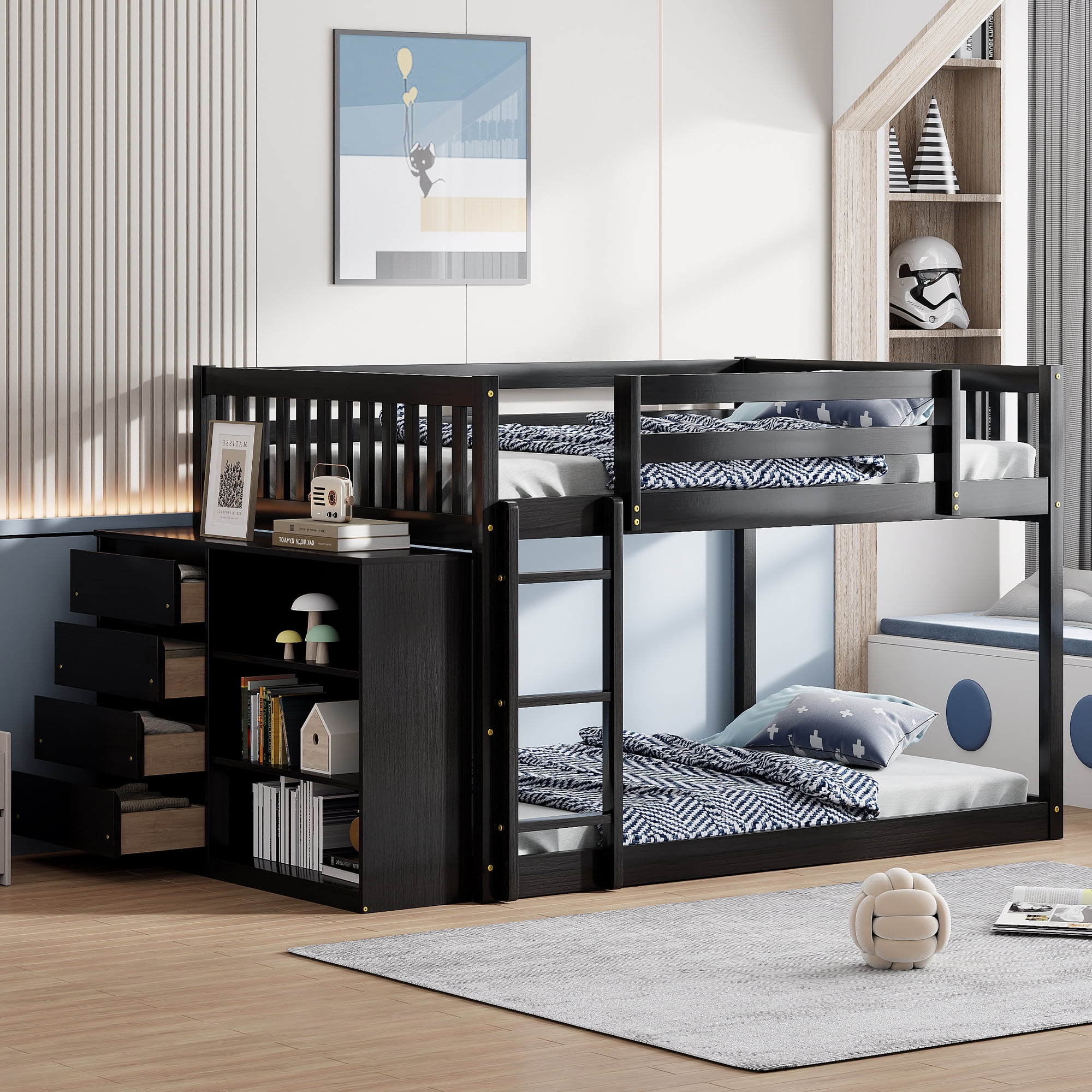 Full Over Full Bunk Bed with Storage - Espresso Solid Wood Bed Frame ...