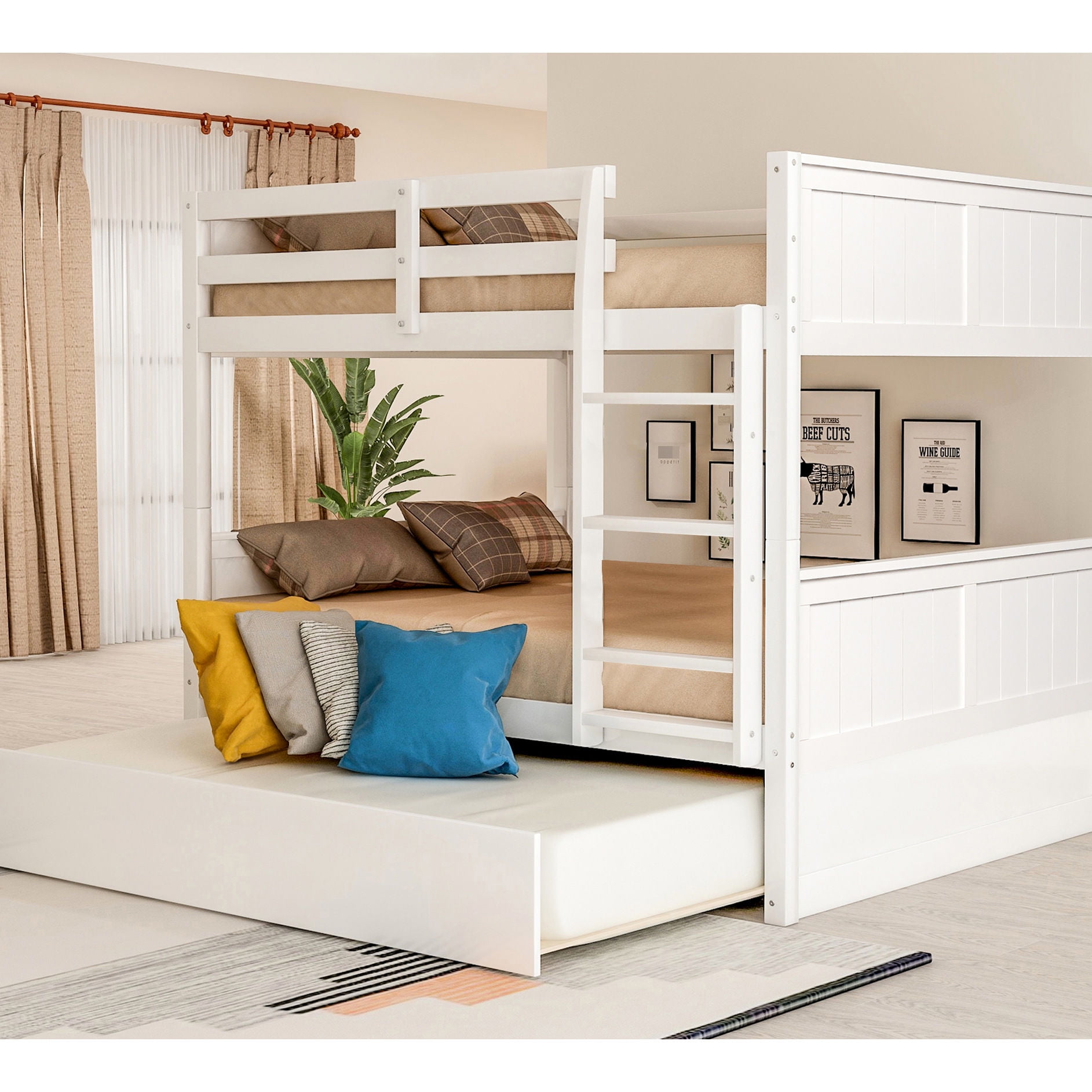 Full Over Full Bunk Bed with Twin Trundle, White, No Box Spring Needed ...