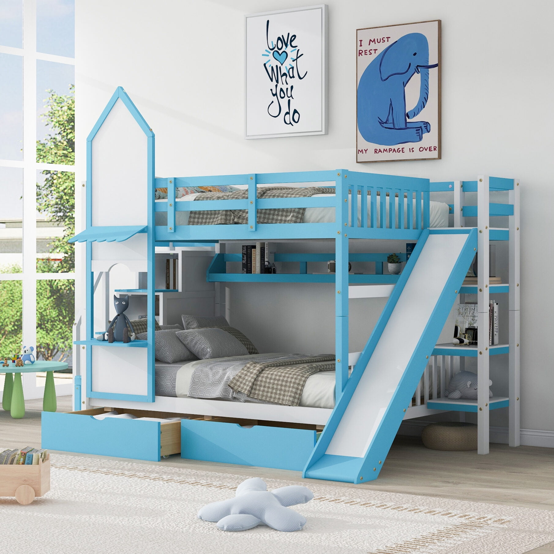 Full-Over-Full Castle Style Bunk Bed with 2 Drawers & 3 Shelves, Wood ...