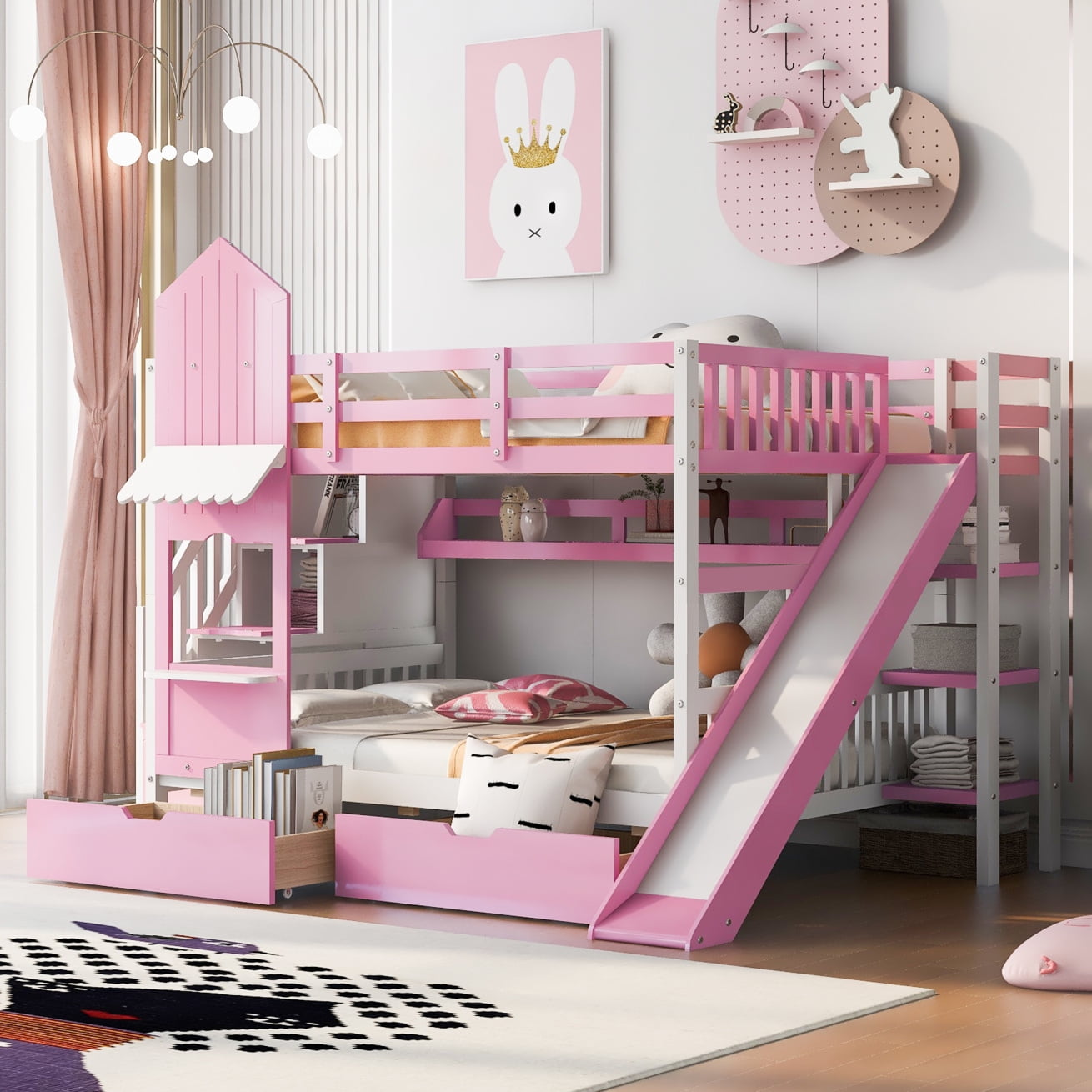 Full-Over-Full Castle Style Bunk Bed with 2 Drawers & 3 Shelves, Wood ...