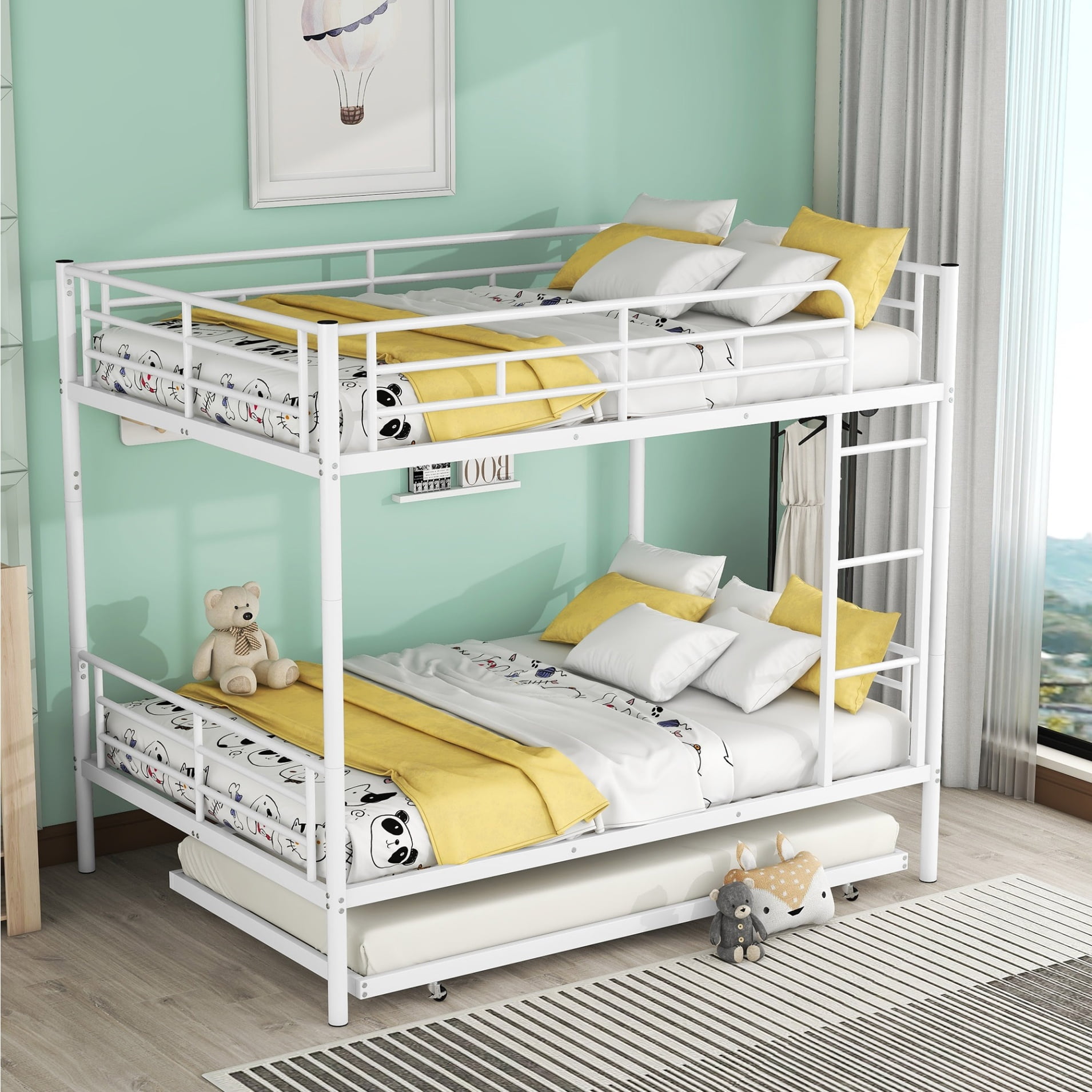 Full Over Full Metal Bunk Bed with Trundle, Heavy Duty Twin Size Metal ...