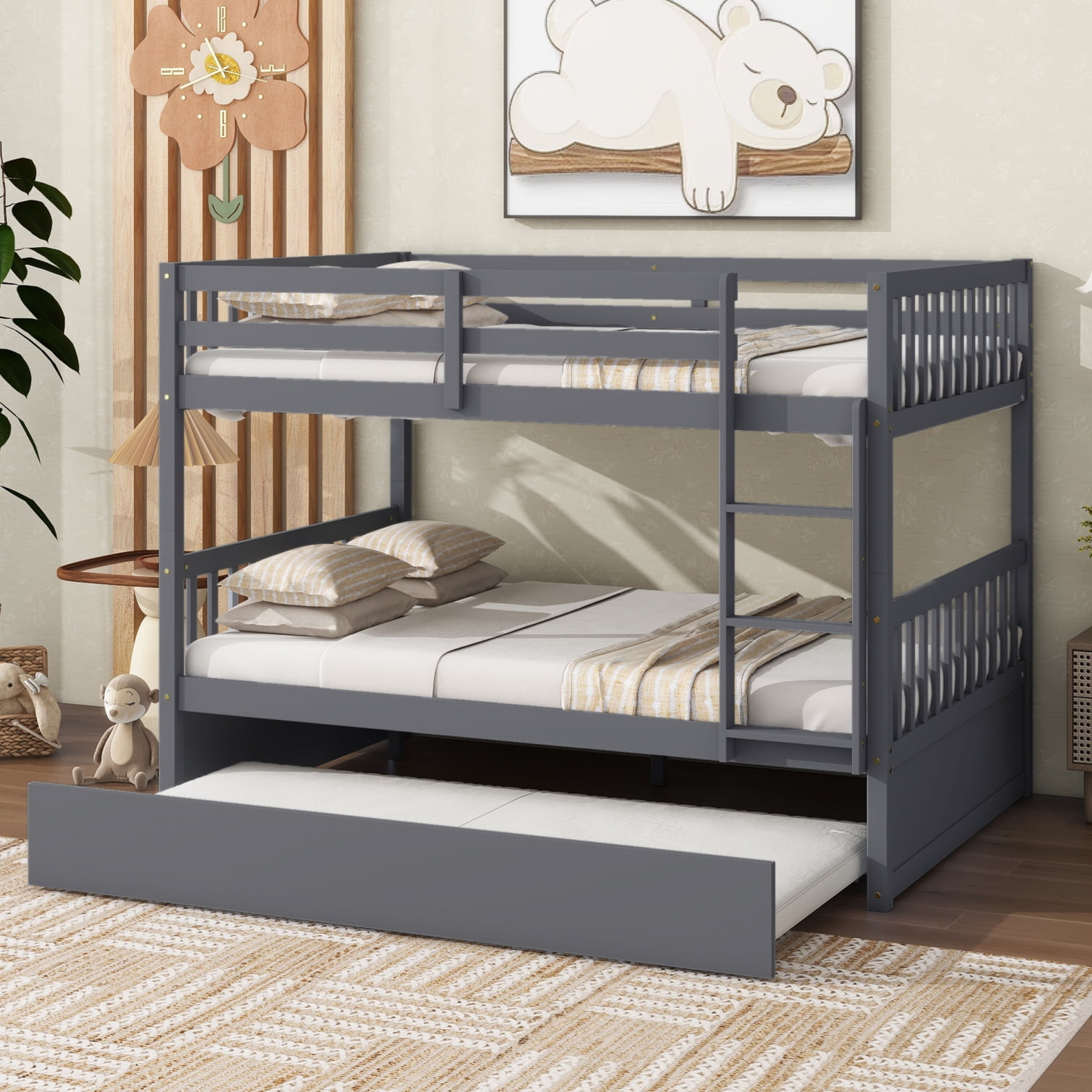 Full Over Full Rubber Wood Bunk Bed with Twin Size Trundle, Convertible ...