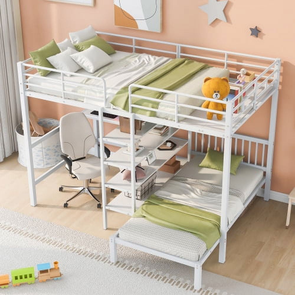 Full Over Twin Metal Bunk Bed, L Shaped Loft Bed Frame with Built-in ...