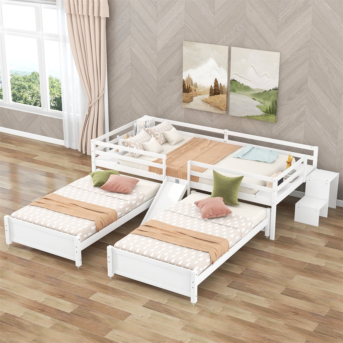Full Over Twin & Twin Platform Bed with Little Storage Stairway,T-Shape Platform Bed with Built ...
