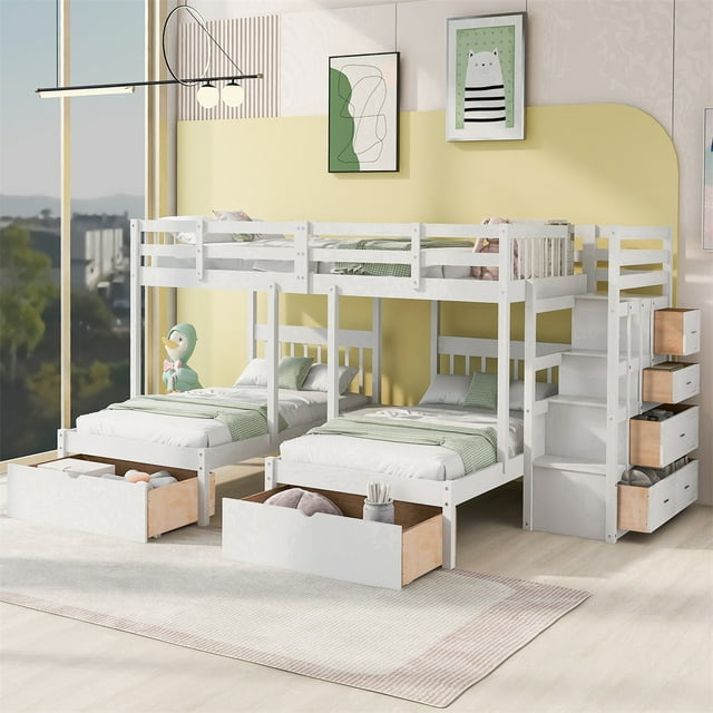 Full Over Twin & Twin Triple Bunk Bed,Wood Triple Bunk Bed Frame with 7 Drawers and Storage ...