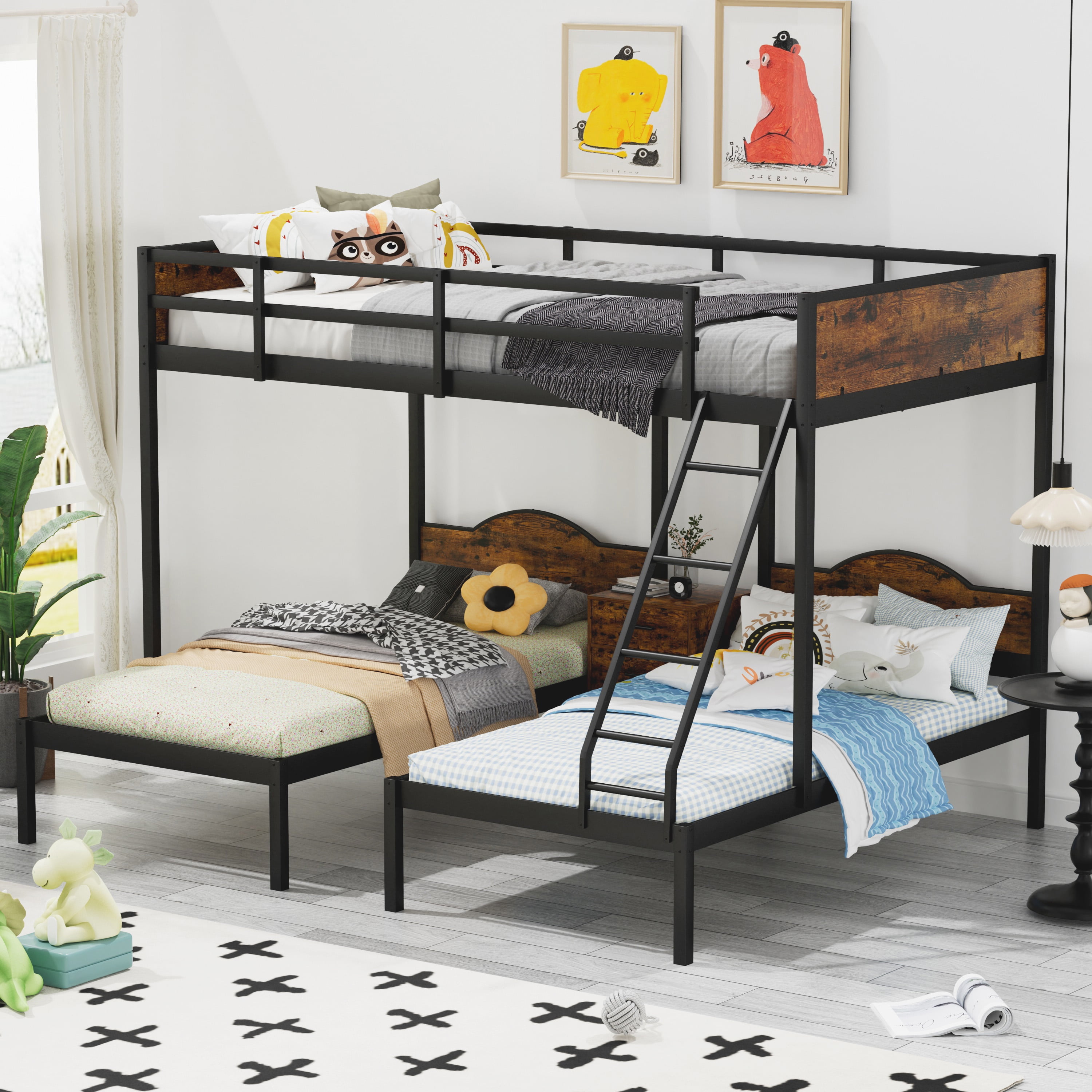 Full Over Twin & Twin Bunk Bed With Nightstand Guardrails Ladders For Kids Teens Bedroom Living ...