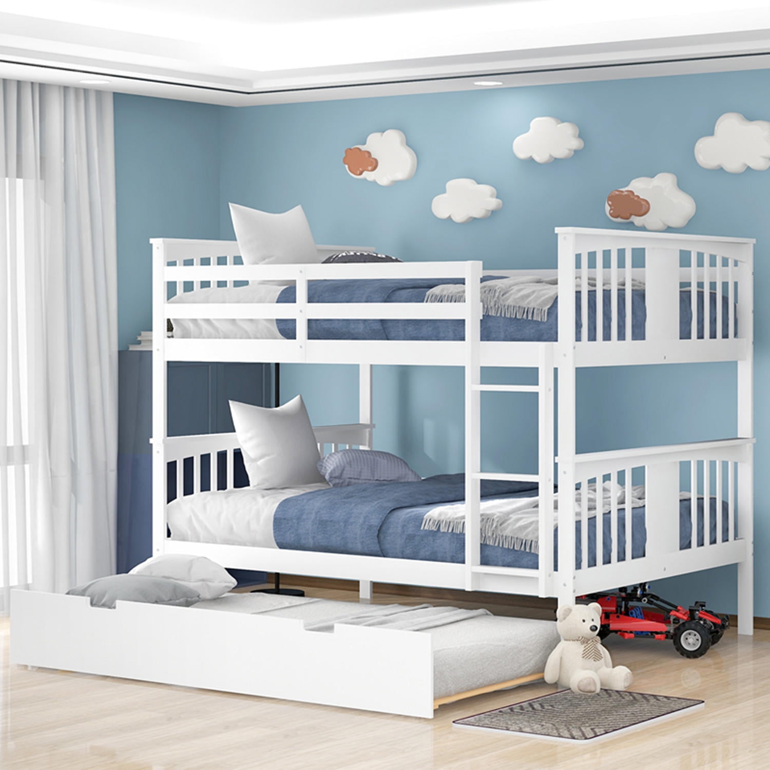 Full Over Full Wood Bunk Bed with Twin Size Trundle, Ladder, Full ...
