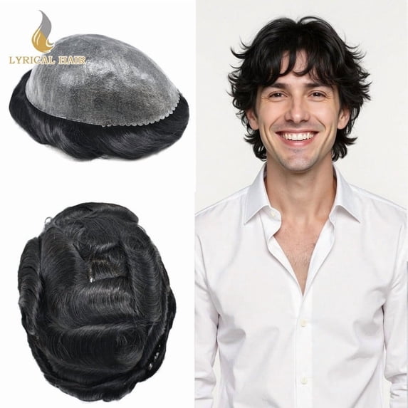 Full PU Toupee for Men Human Hair Replacement System Thin Skin Mens ...