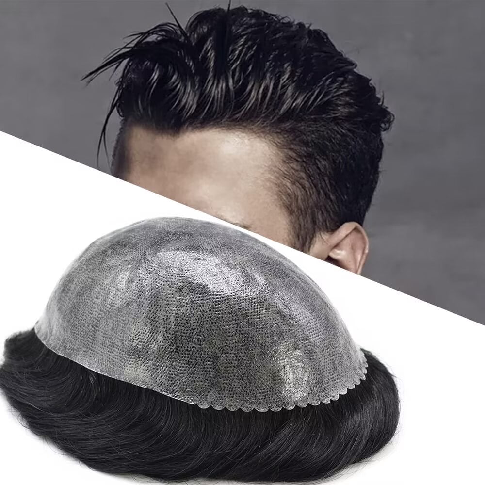 Full PU Toupee for Men Human Hair Replacement System Thin Skin Mens ...