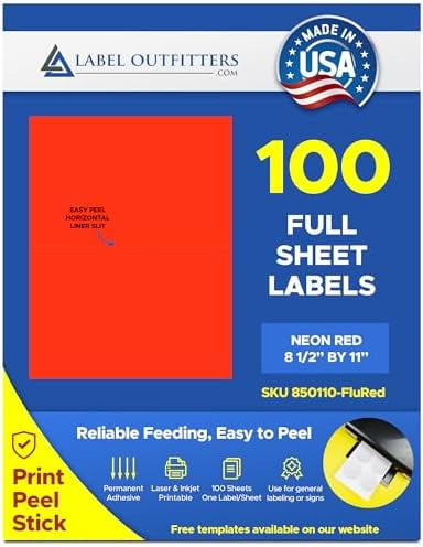 Full Page Fluorescent Neon Red Labels - 100 Sheets - Walmart.com