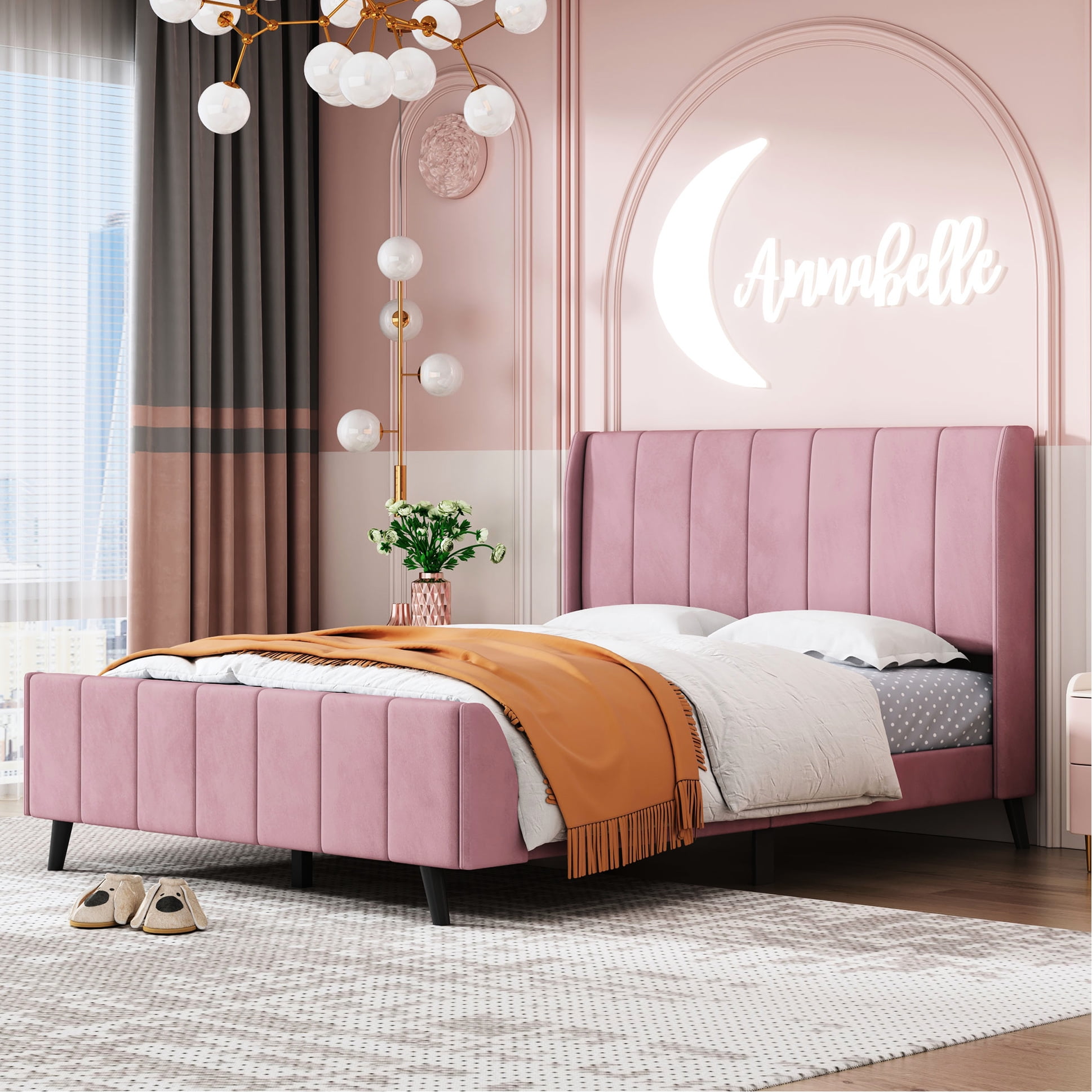 Full Pink Velvet Upholstered Bed - Elegant Tufting, Robust Plywood ...