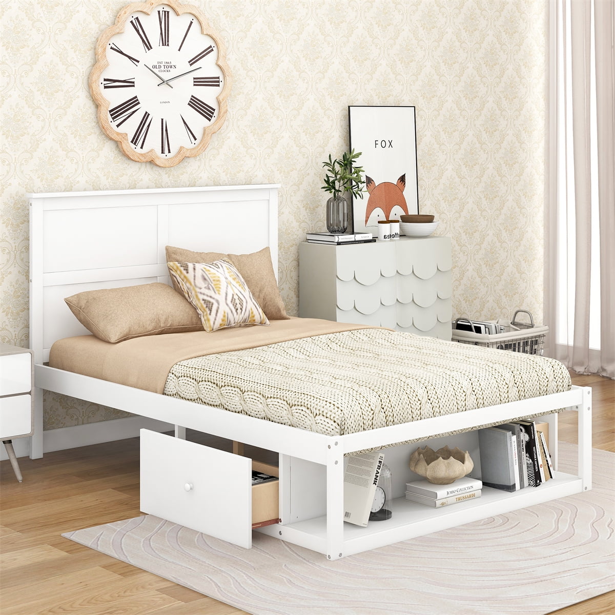 Full Platform Bed with Drawers on The Each Side and Shelf on The End of The Bed,Solid Wood ...