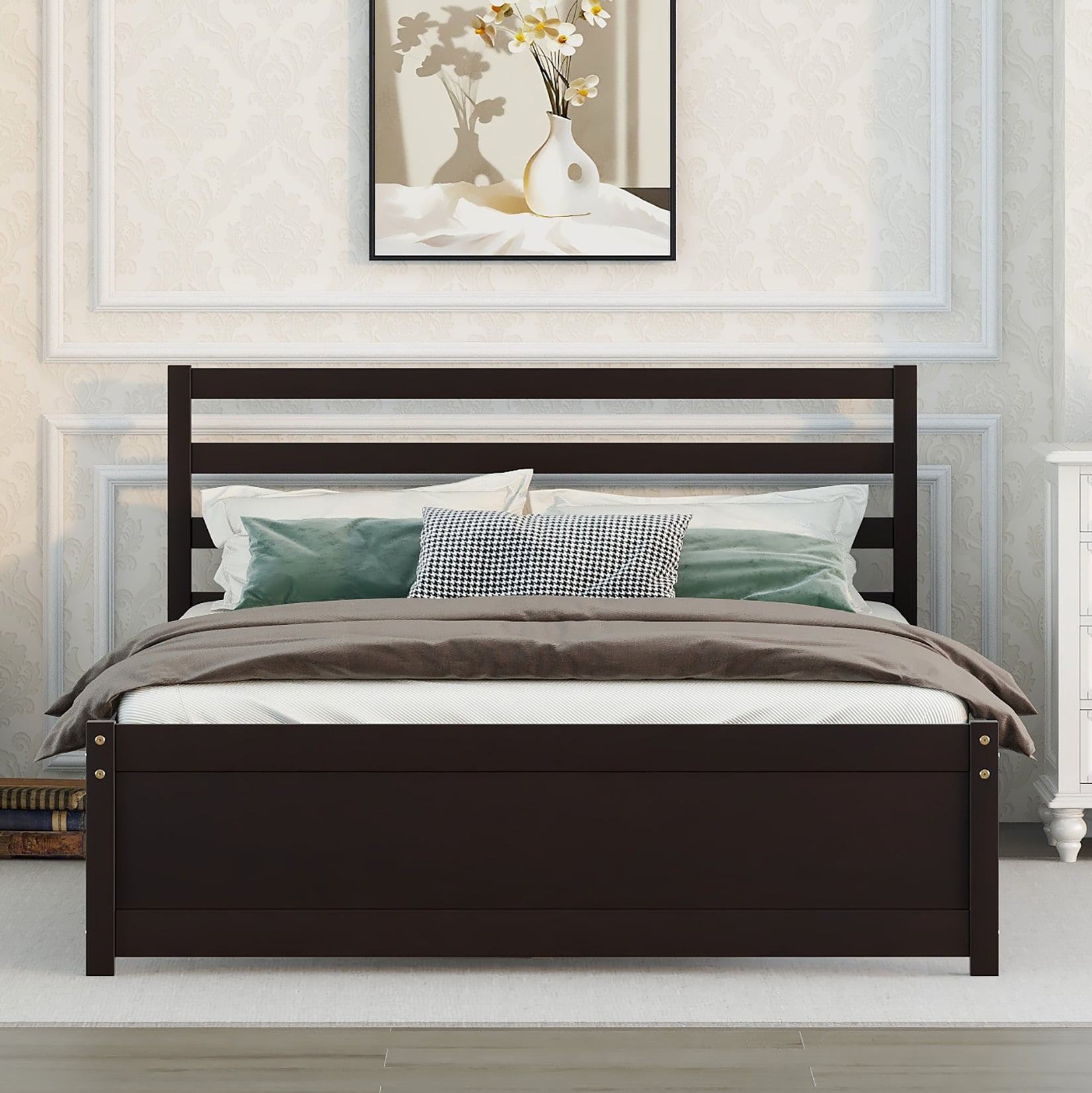 Full Platform Bed Frame, Espresso Full Bed Frame Wood with Headboard ...
