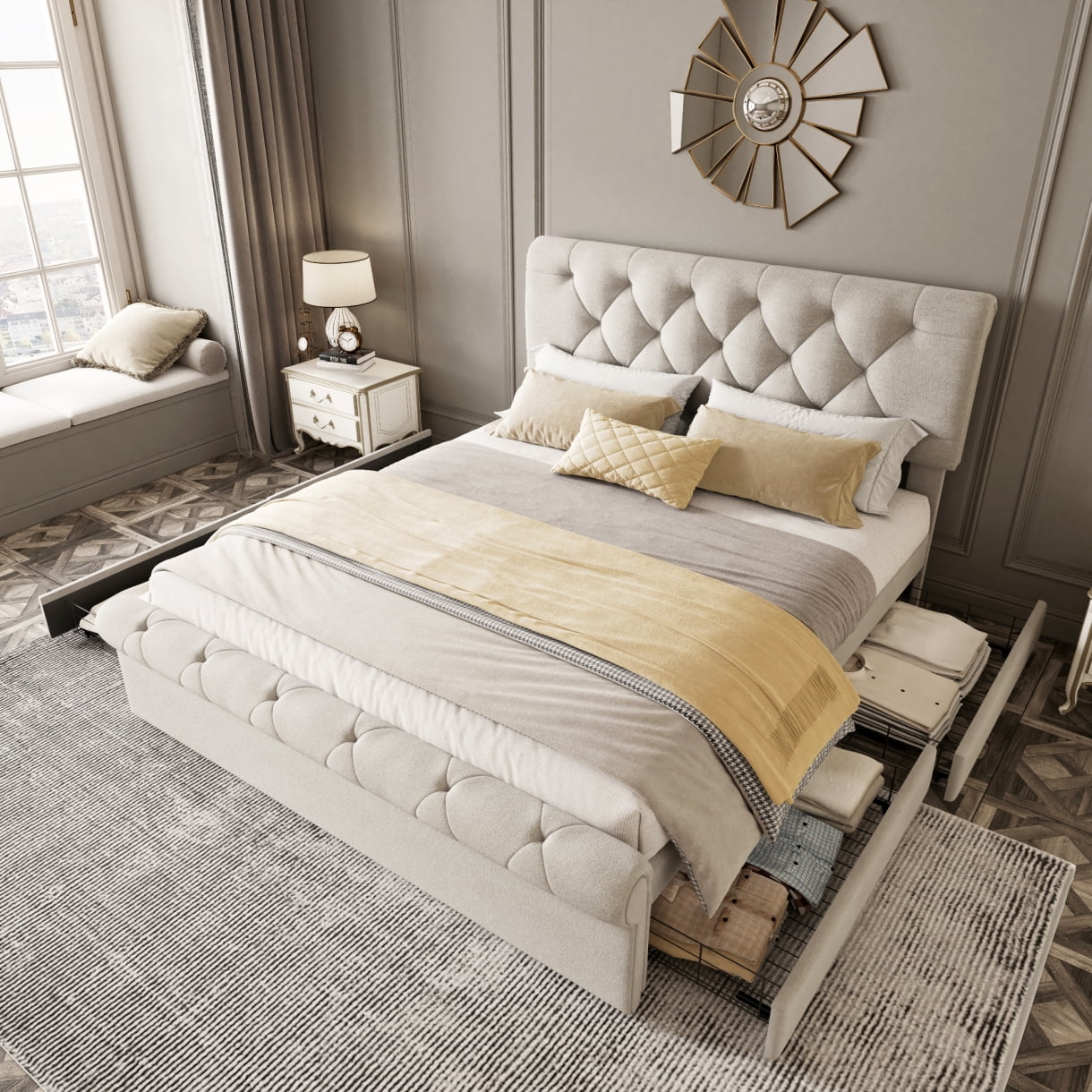 Full Size Bed Frame with Storage, Upholstered Headboard, Wood Support ...