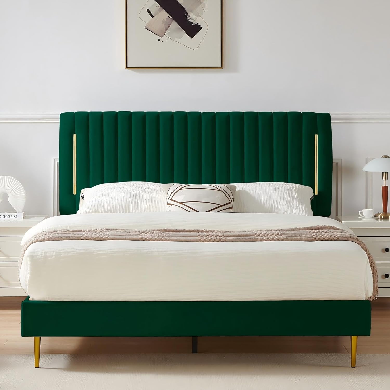 Full Platform Bed Frame, Velvet Upholstered Bedframe with Vertical ...