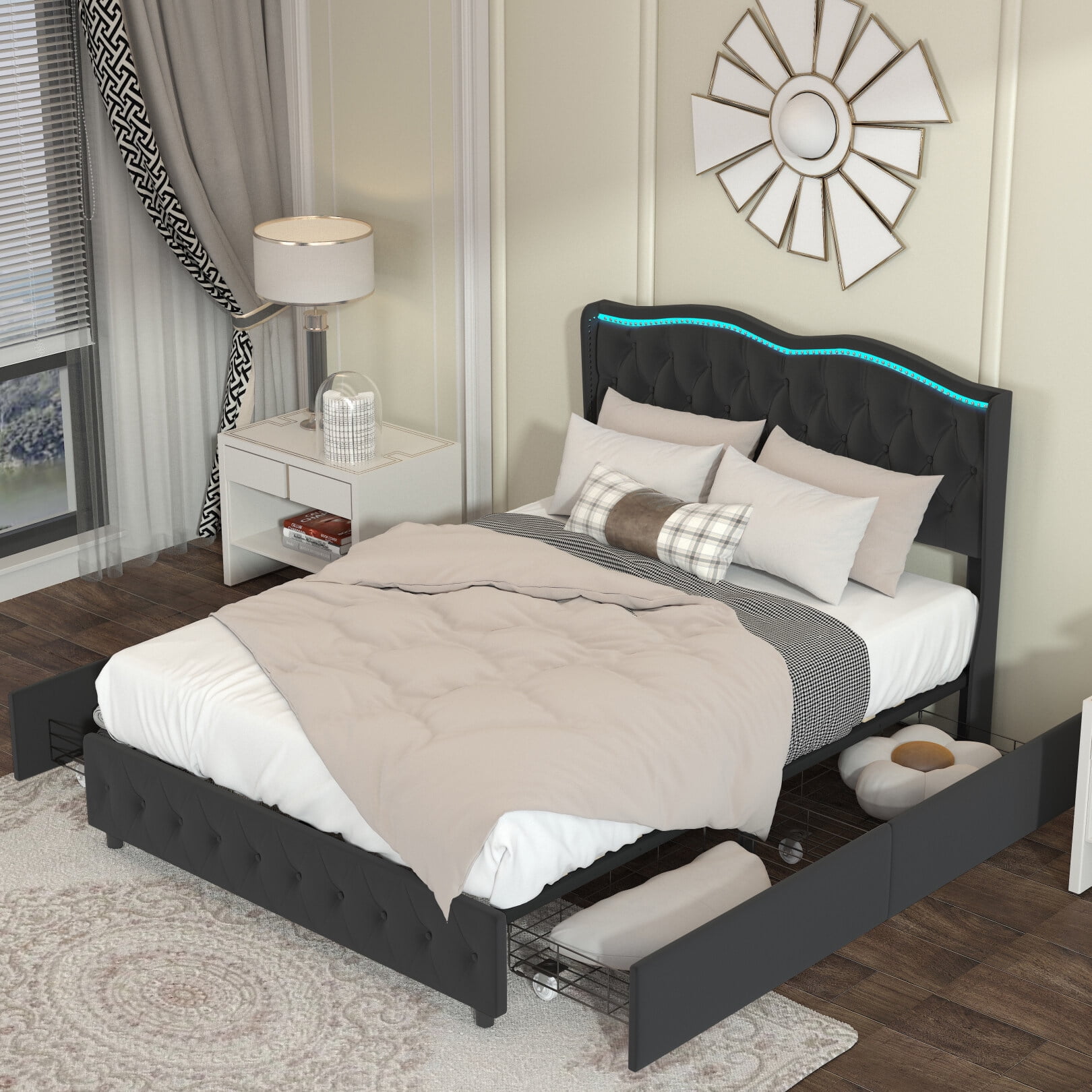 Full Platform Bed Frame , Velvet Upholstered Bed with Deep Tufted ...