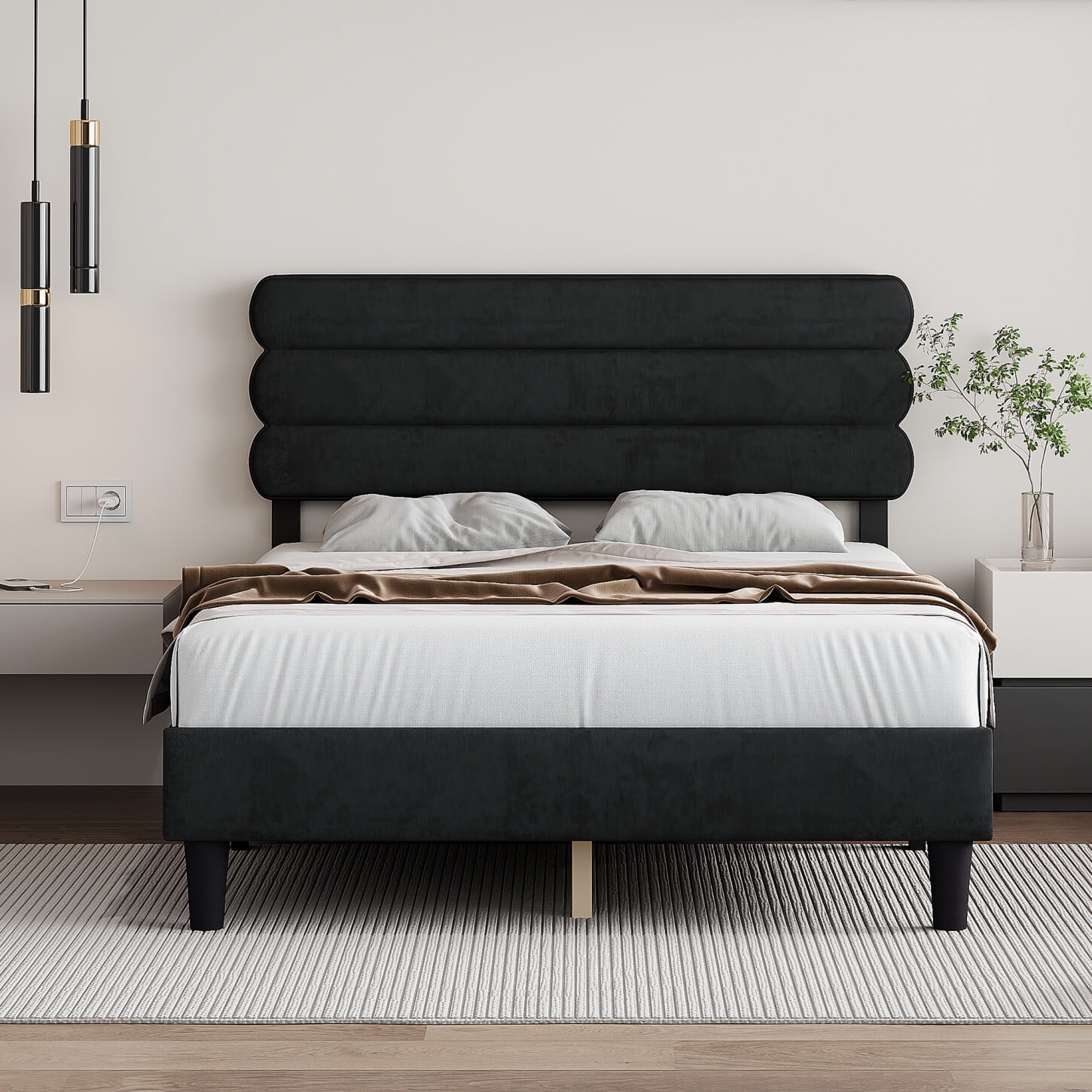 Full Platform Bed Frame with Headboard, Upholstered Platform Bed with ...