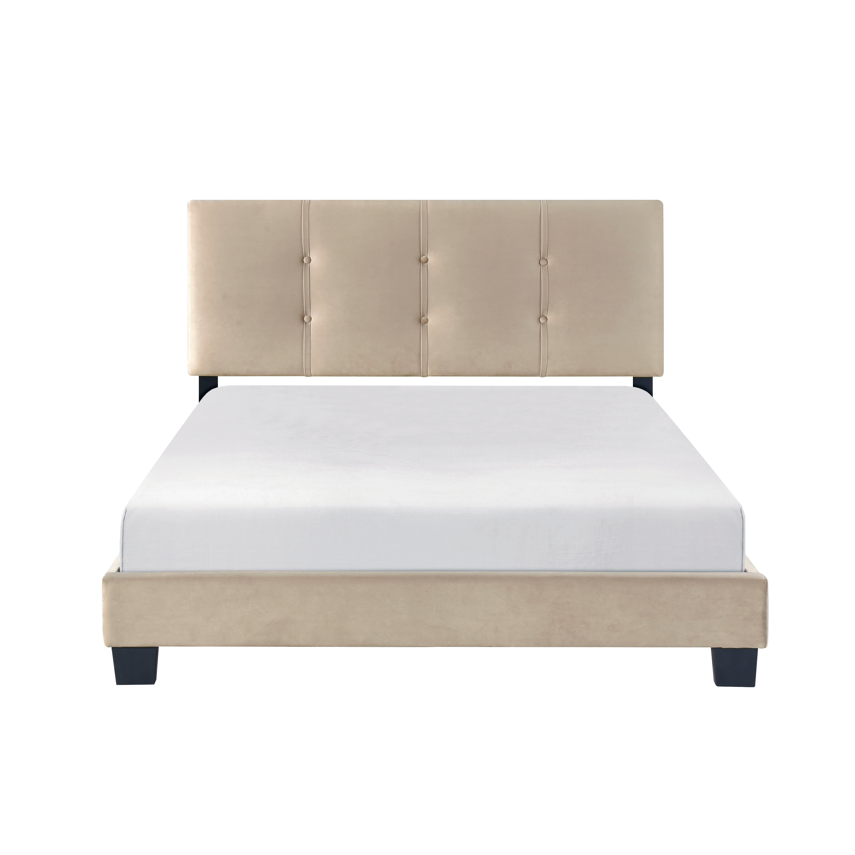 Full Platform Bed - Light Brown Velvet Upholstered, Solid Wood ...