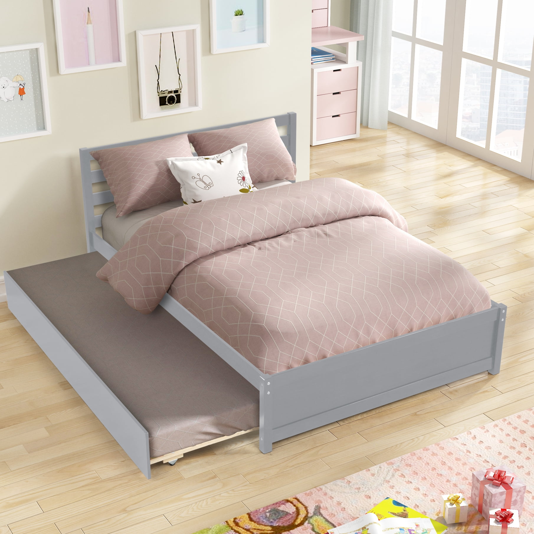 Full Platform Bed with Pull-out Trundle and Casters, Solid Wood Bed ...