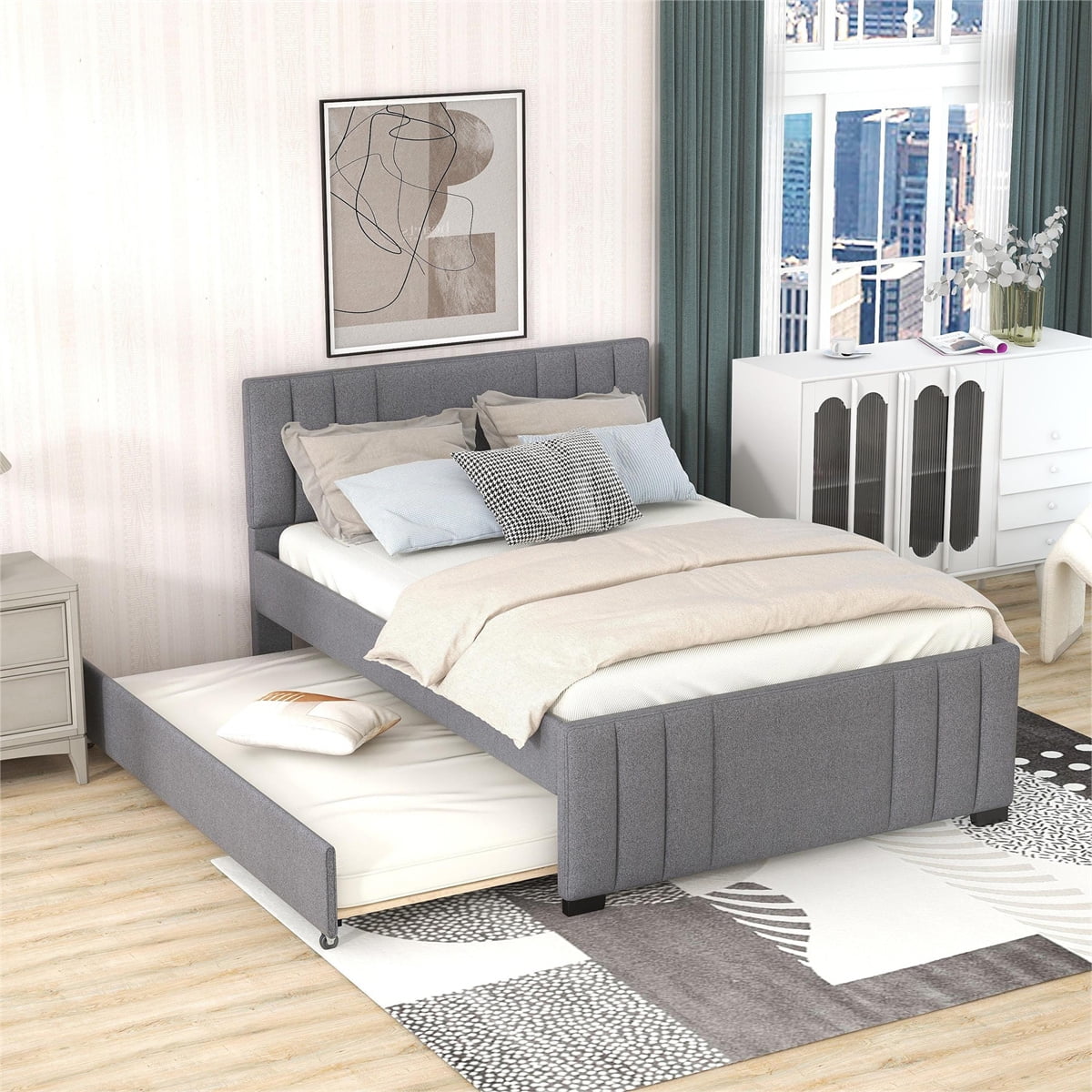 Full Platform Bed with Trundle,Modern Upholstered Platform Bed with ...