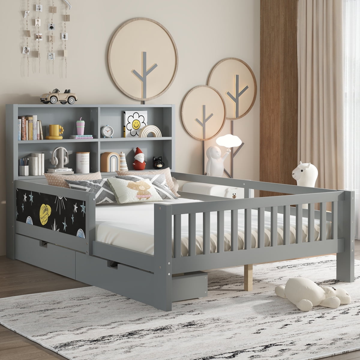 Full Platform Bed with Chalkboard, Solid Wood Platform Bed with Storage ...
