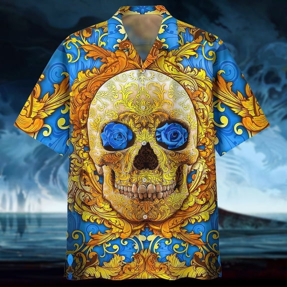 Full Printed Hawaiian Shirts With Skull, Blue Flowers Skull Hawaii ...