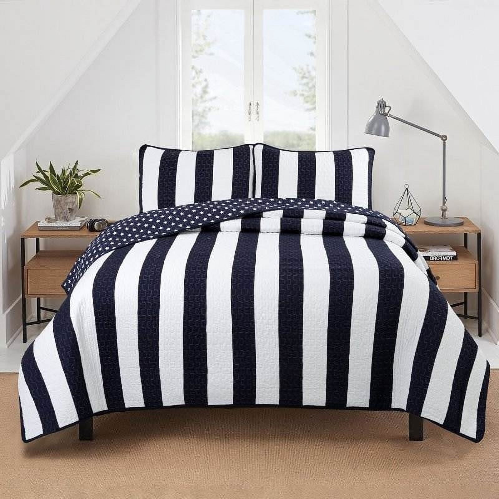 Full/Queen 3 Piece Navy Blue White Stars Stripes 100-Percent Cotton ...