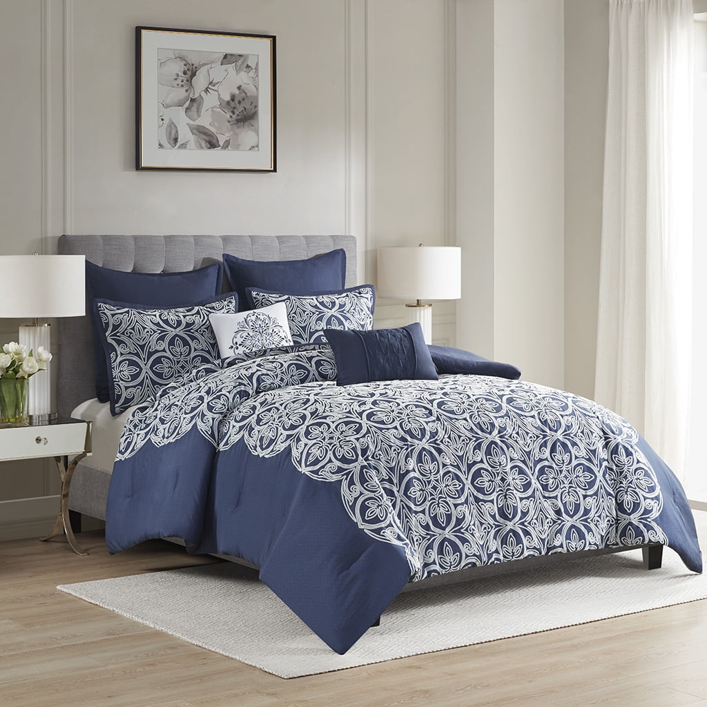 Full/Queen 7 Piece Flocking Comforter Set with Euro Shams and Throw ...