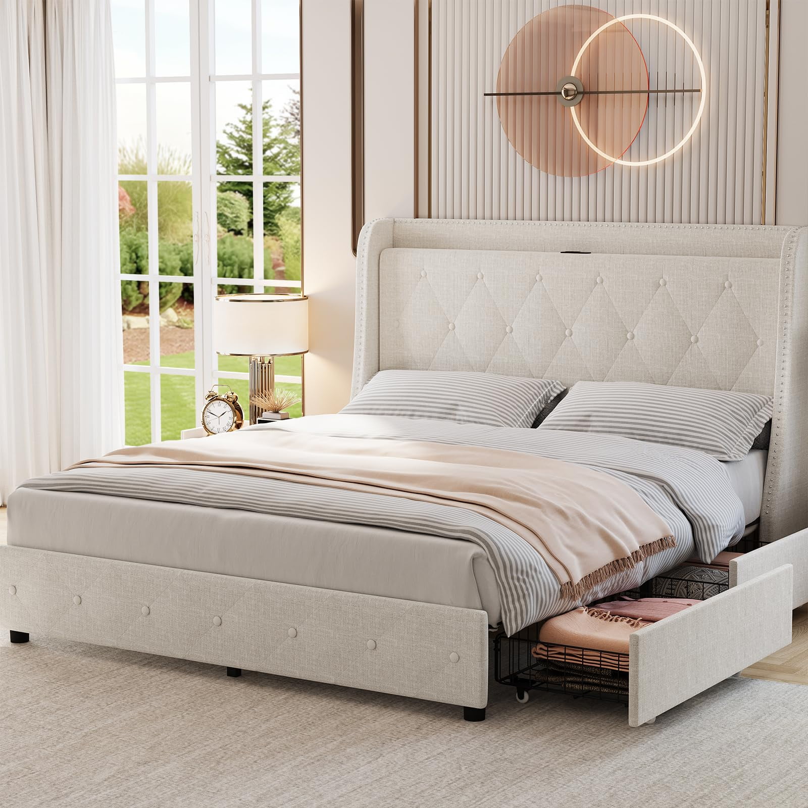 Full/Queen Bed Frame With 4 Storage Drawers,Upholstered Full Size Bed ...