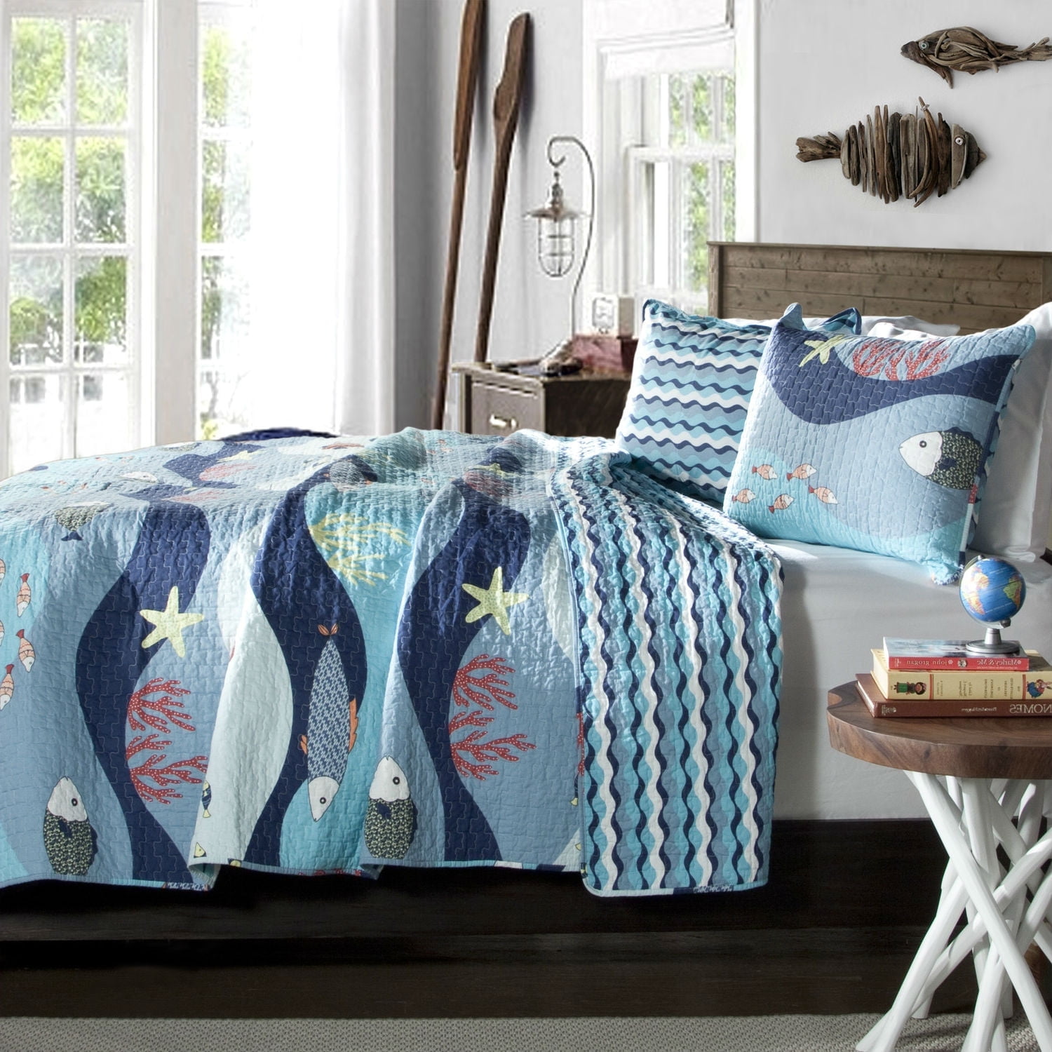 Full / Queen Blue Serenity Sea Fish Coral Coverlet Quilt Bedspread Set ...