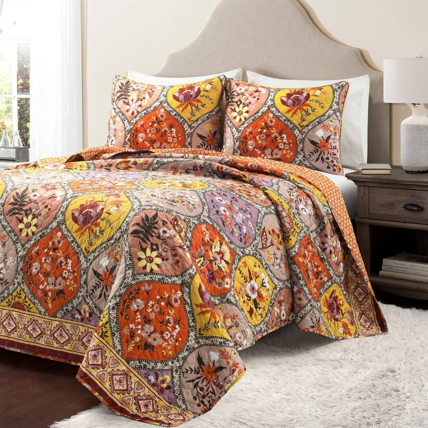 Full/Queen Boho Floral Lightweight Cotton Orange Mauve 3-Piece Quilt ...