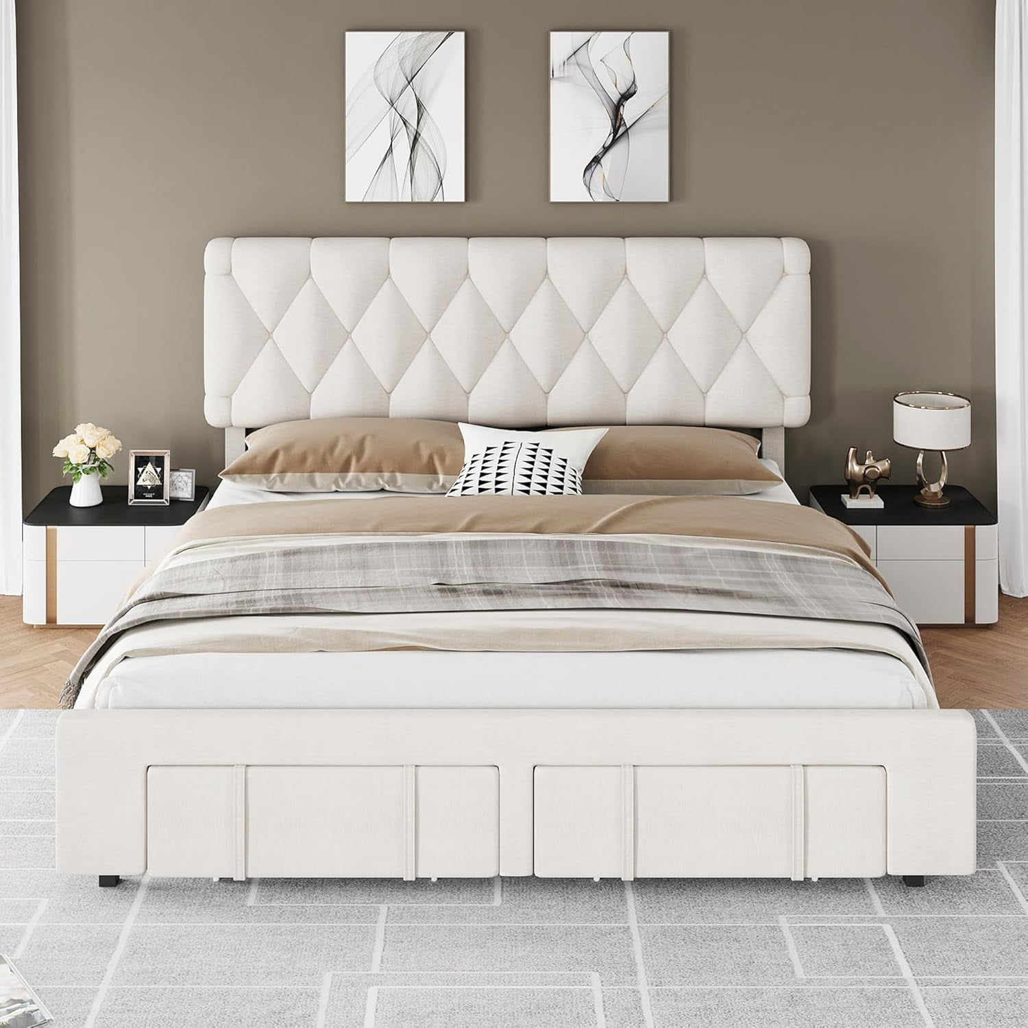 Full/Queen/King Size Bed Frame 2 Storage Drawers,Modren Upholstered ...