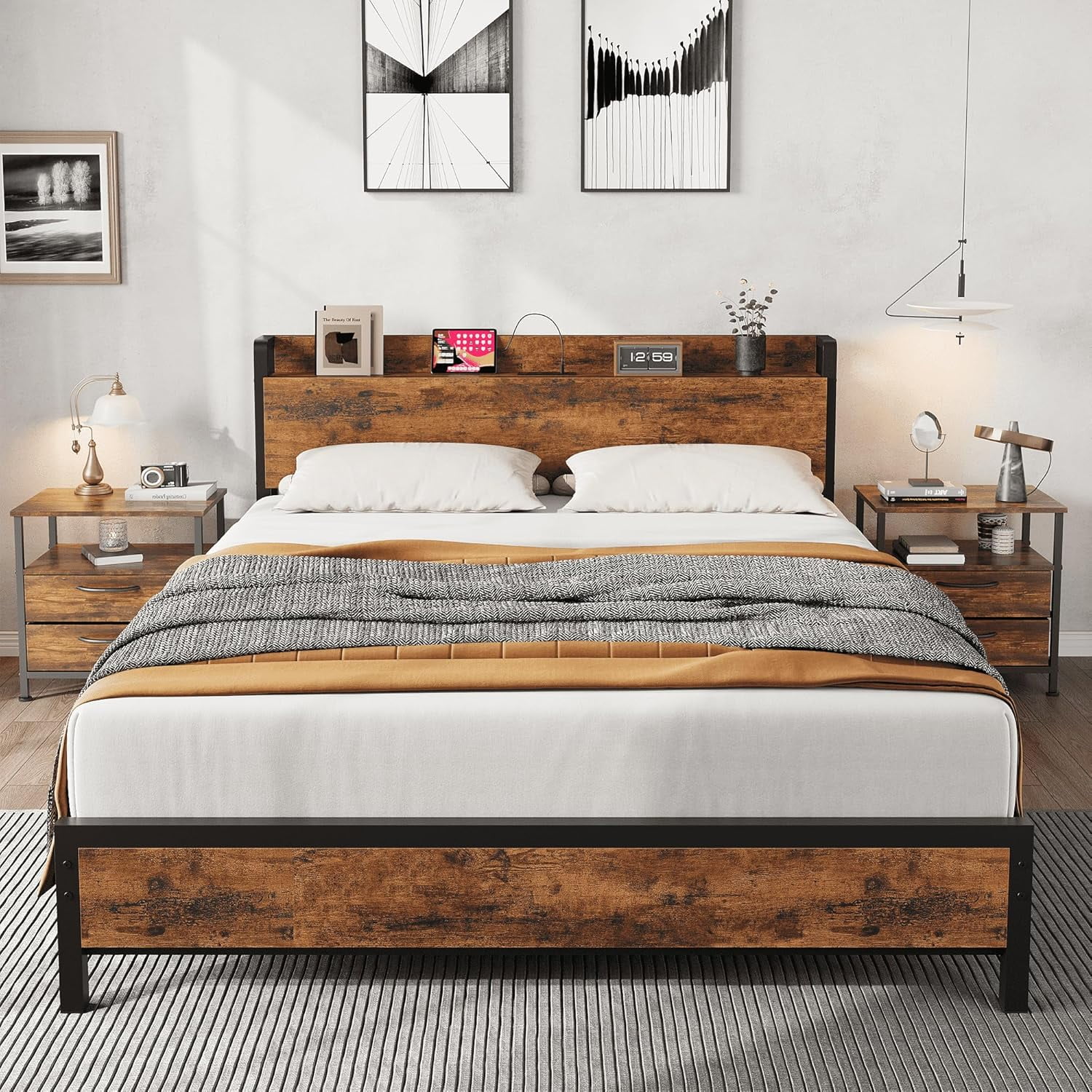Full/Queen/King Size Bed Frame Charging Station with 2 USB Ports & 2 AC ...