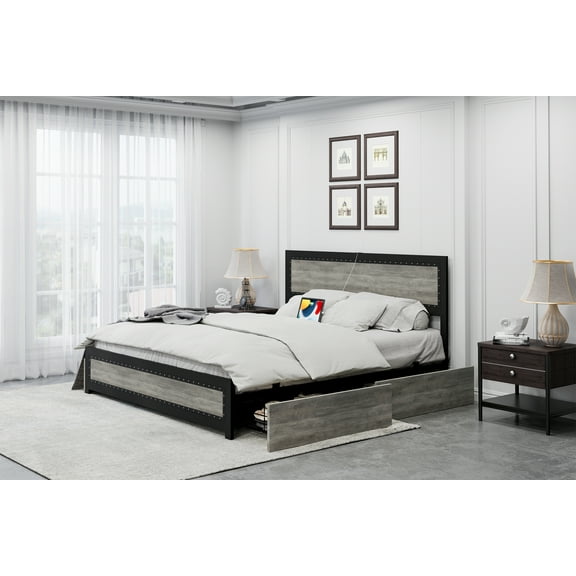 Modern Farmhouse Queen Bed Frame, Black Platform Bed with Wood ...
