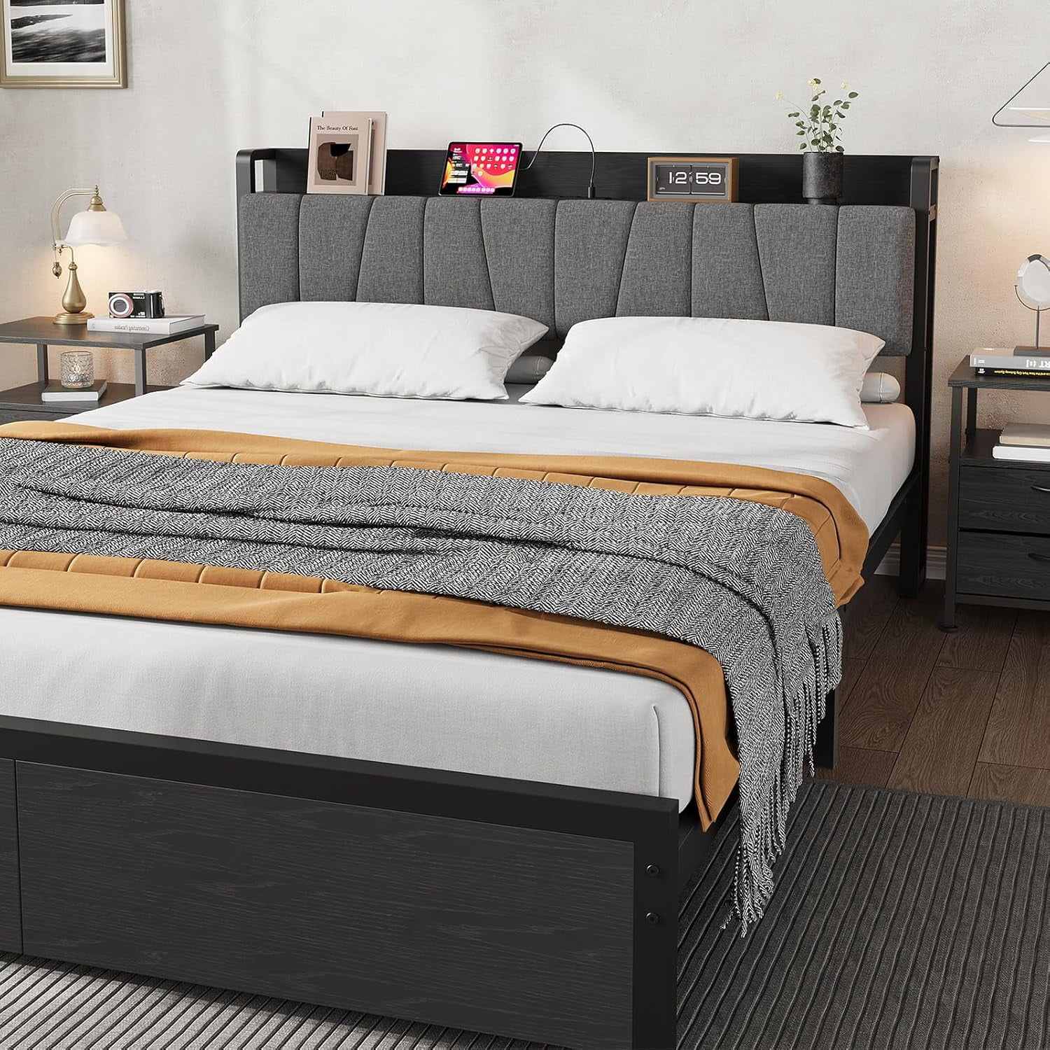 Full/Queen/King Size Bed Frame with Storage Headboard, Industrial ...