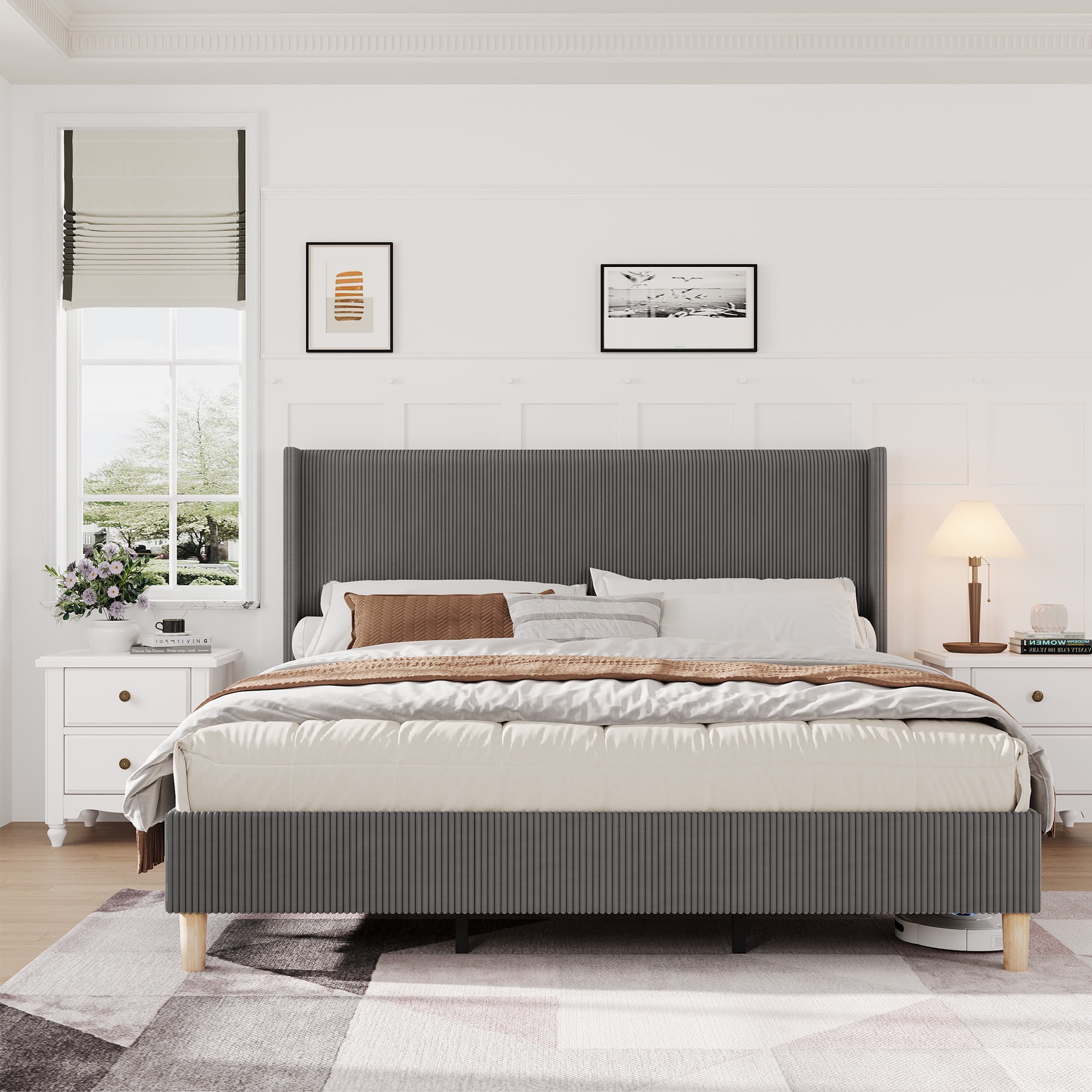 Full/Queen/King Size Bed Frame, Upholstered Platform Corduroy Bed Frame ...