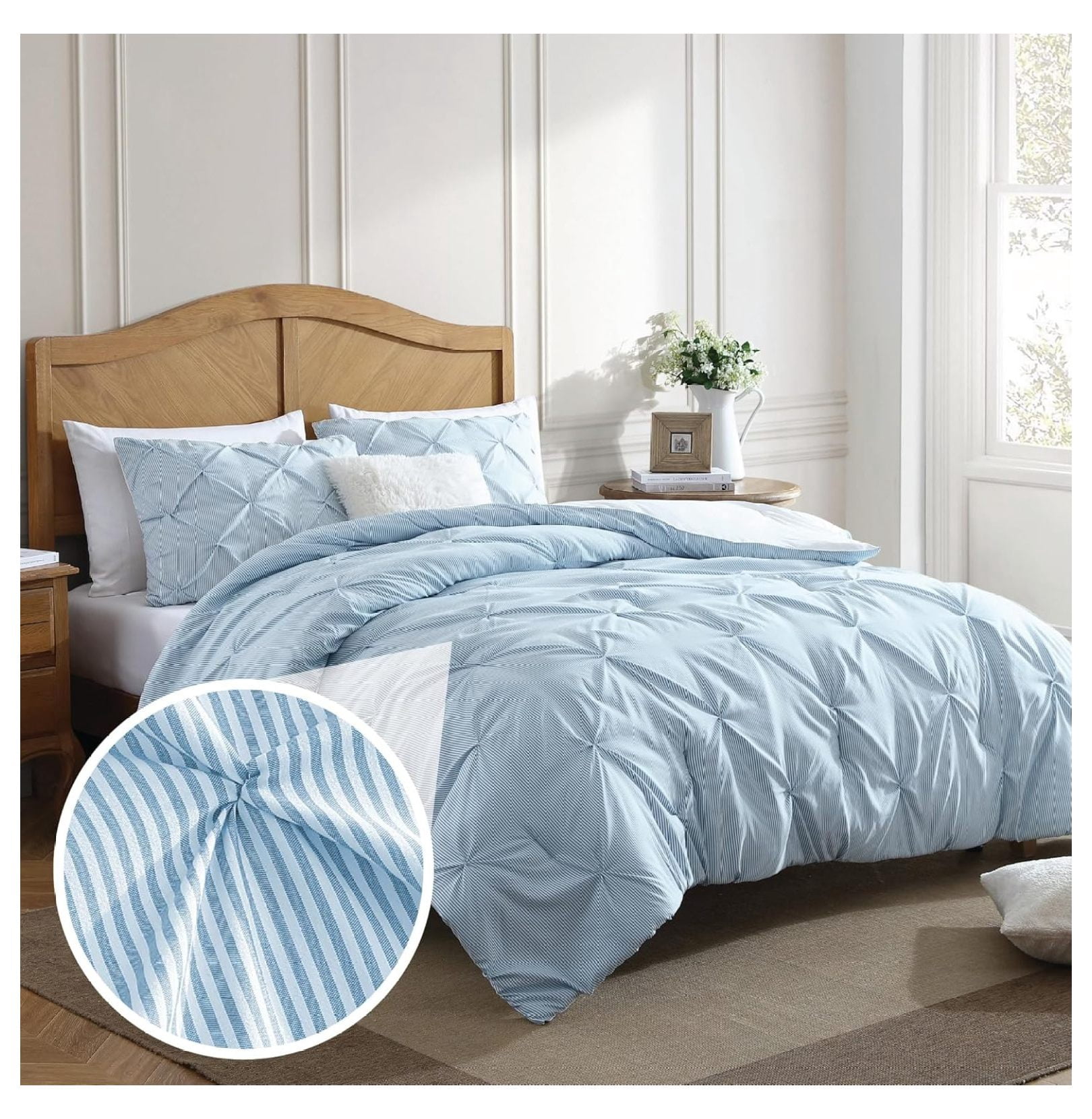 Full/Queen Pinstripe Chambray Blue Comforter Set - Classic Pintuck ...