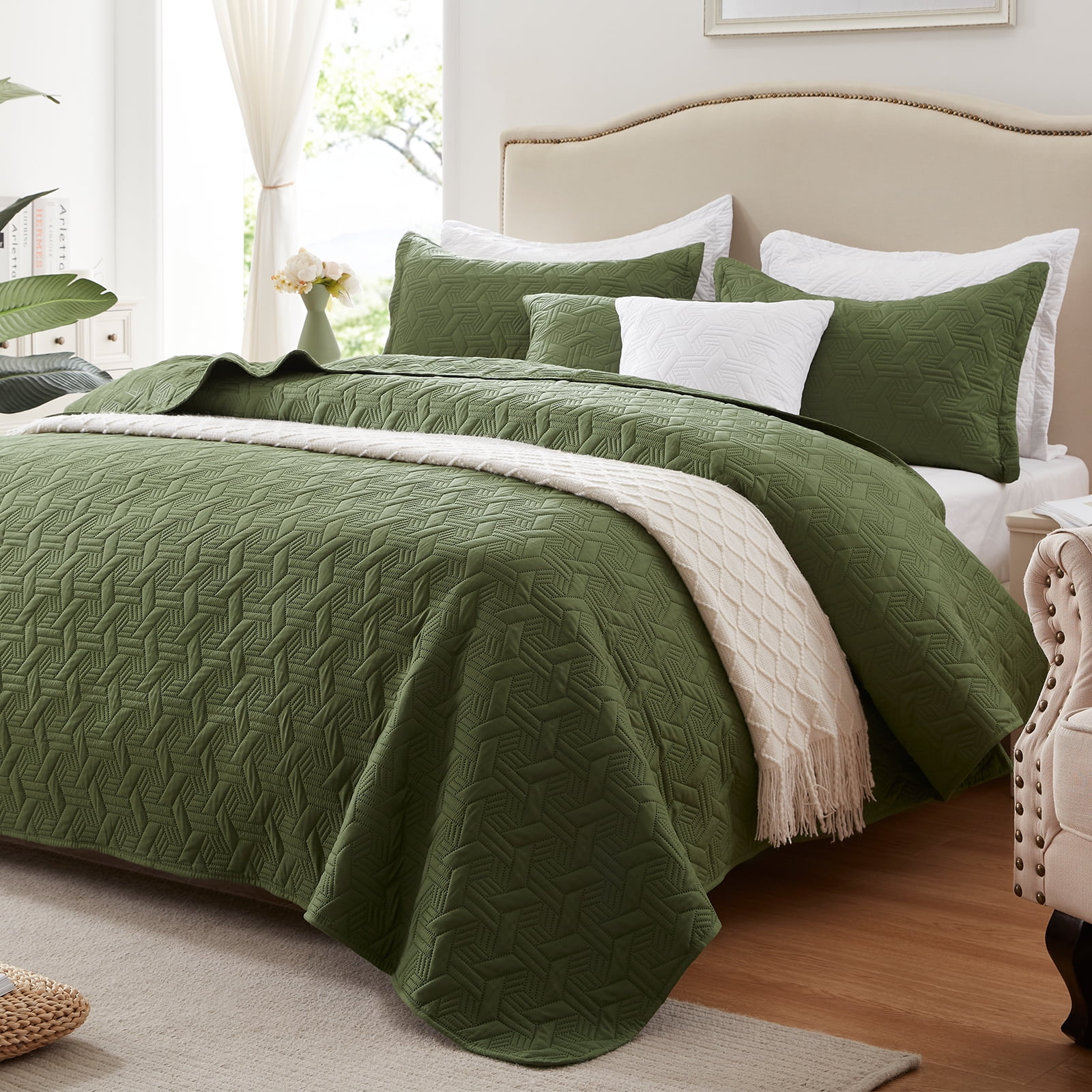 LEAONME Full/Queen Quilt Set 3 Pieces, Olive Green, Lightweight ...