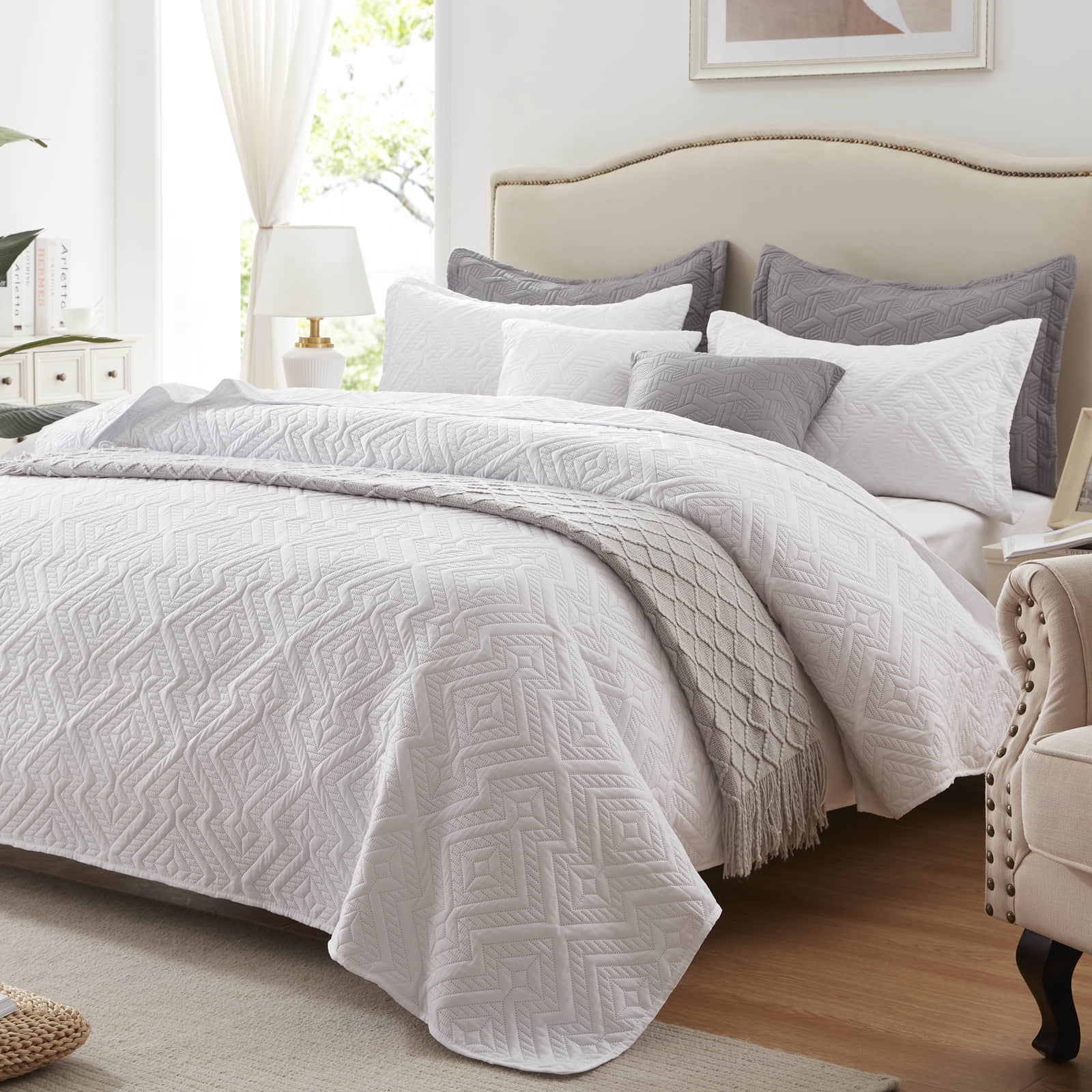 Full/Queen Quilt Set 3 Pieces, Lightweight White Bedspread-90''x98 ...