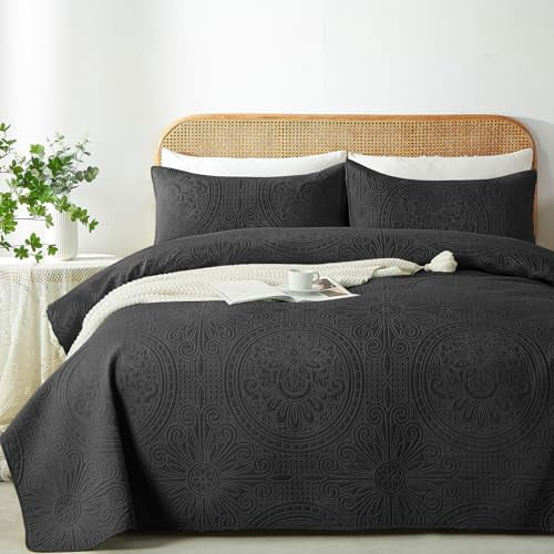 Full/Queen Quilt Set Black,Ultrasonic Embossed Bedspread, Lightweight ...