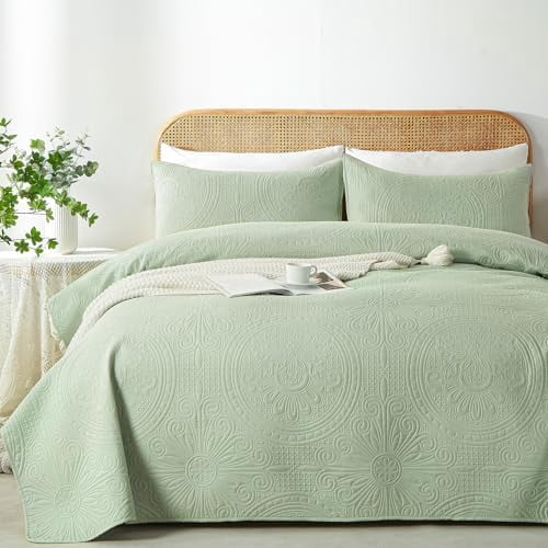 Full/Queen Quilt Set Sage Green,Ultrasonic Embossed Bedspread ...