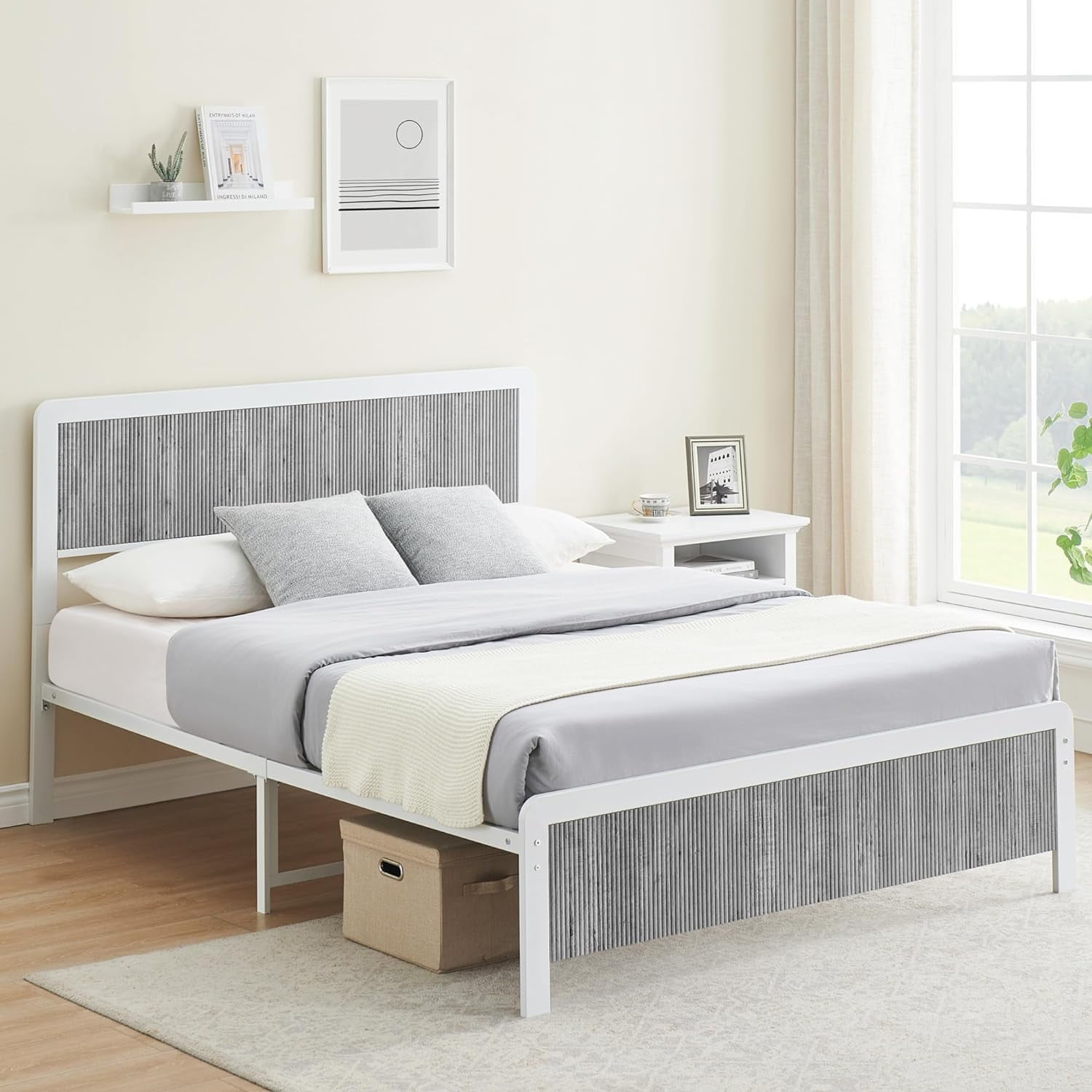 Full/Queen Size Bed Frame with Wave Wood Headboard, Platform Bed Frame ...