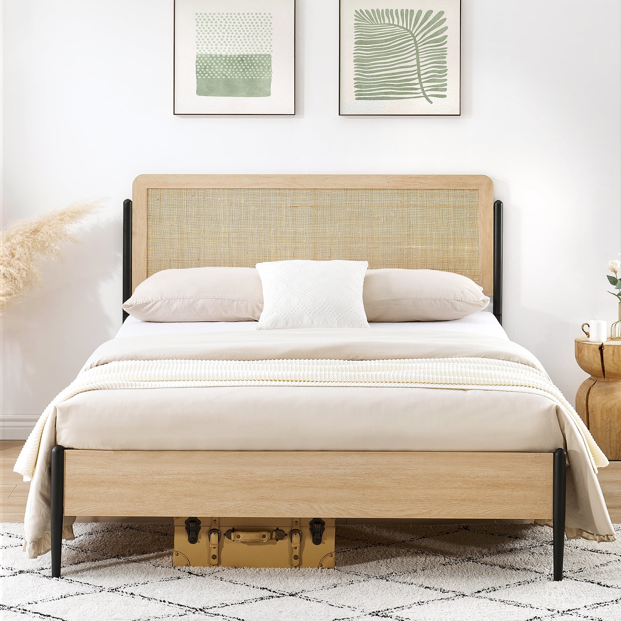 Full/Queen Size Metal Bed Frame with Rounded Corner Rattan Headboard ...