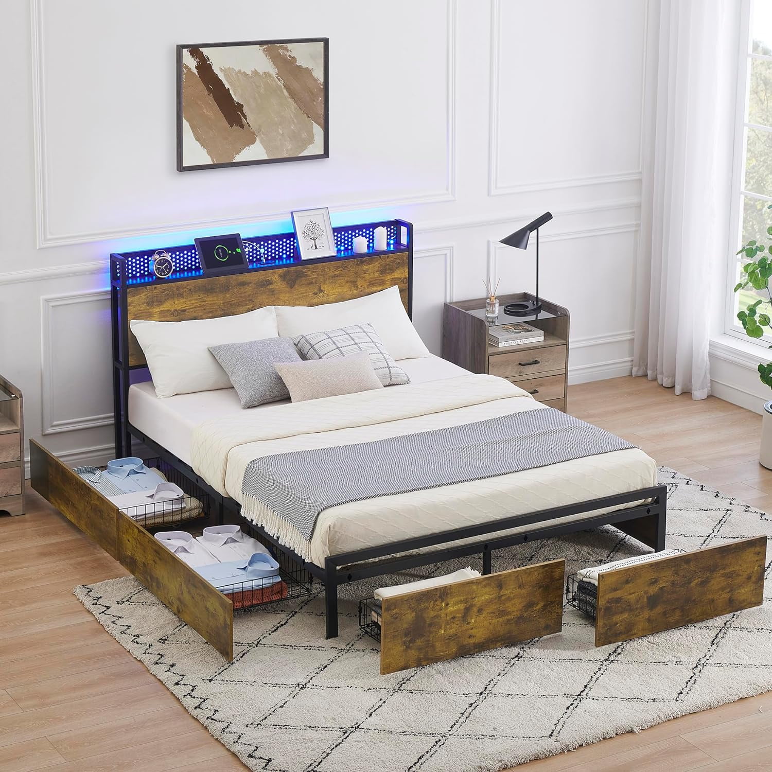 Full/Queen Size Platform Bed Frame with Storage Headboard and 6 Storage ...