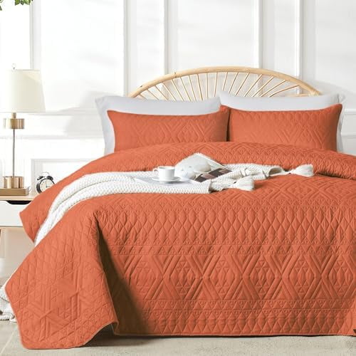 Full/Queen Size Quilt Bedding Set,Burnt Orange Lightweight Microfiber ...