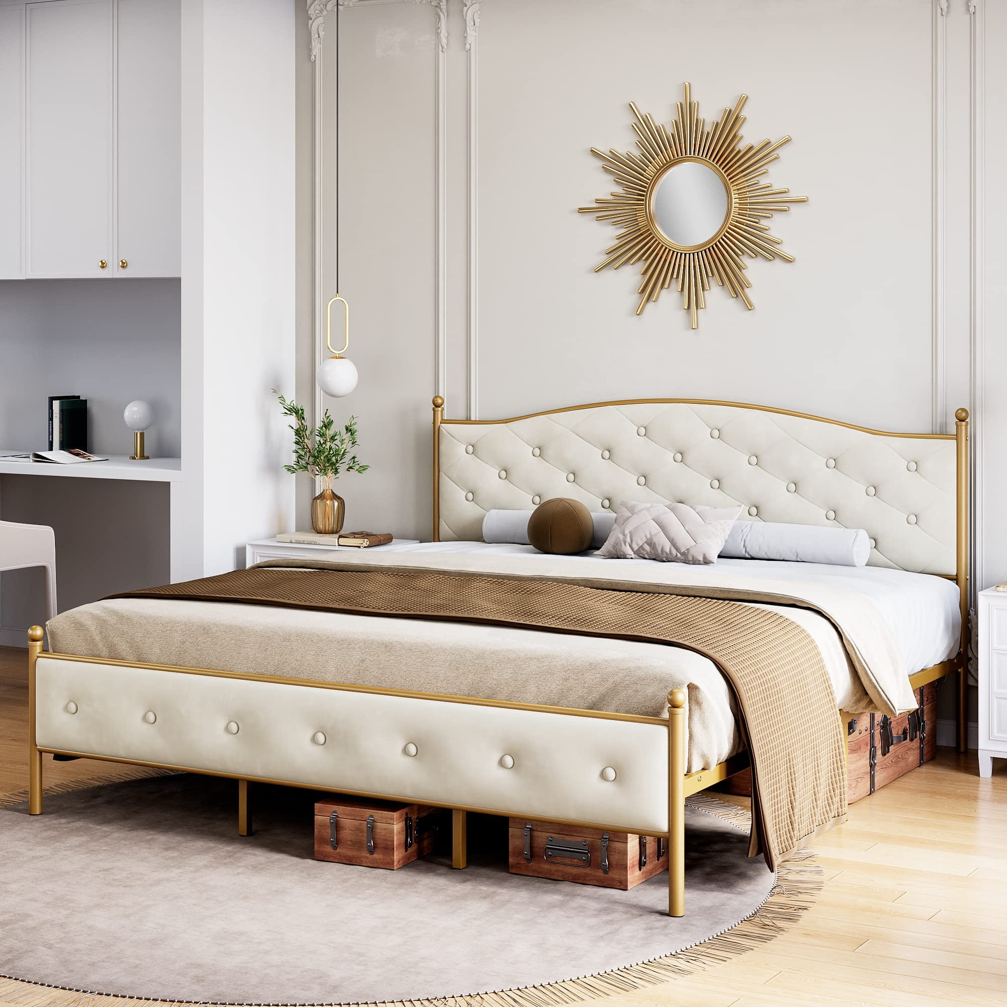 Full/Queen Size Velvet Upholstered Button Tufted Bed Frame with Gold ...