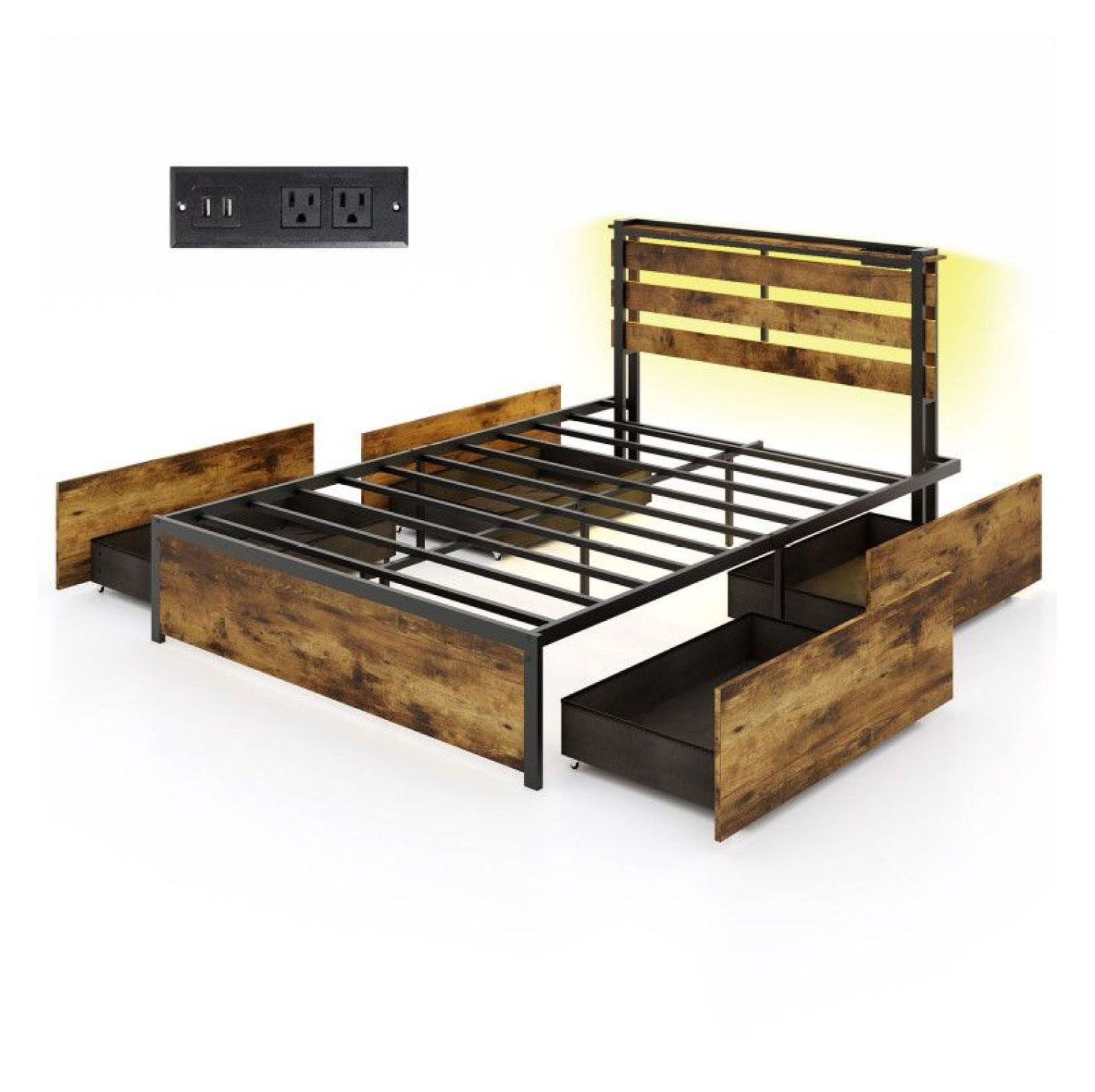 Full Queen Twin Bed Frame with Drawers, LED Lights & USB Ports ...
